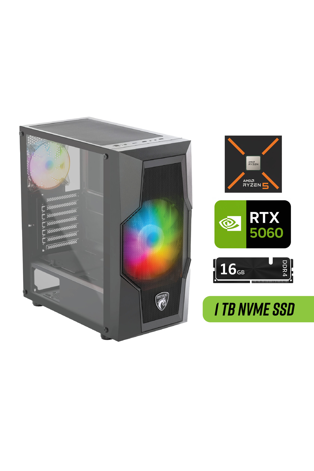 Green GRIFFIN G1 RTX 5060 Gaming PC Ryzen 5 5600X 16GB Ram 1TB SSD ...