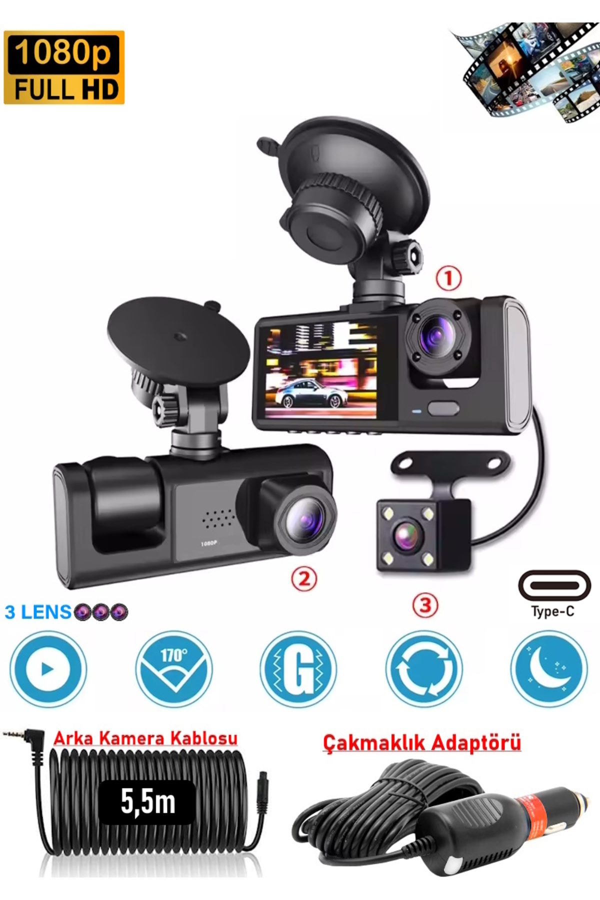 VİVATECH Pro CC33 1080P Full Hd Araç Içi Kamera Ön Arka ve Iç Kayıt 3 ...