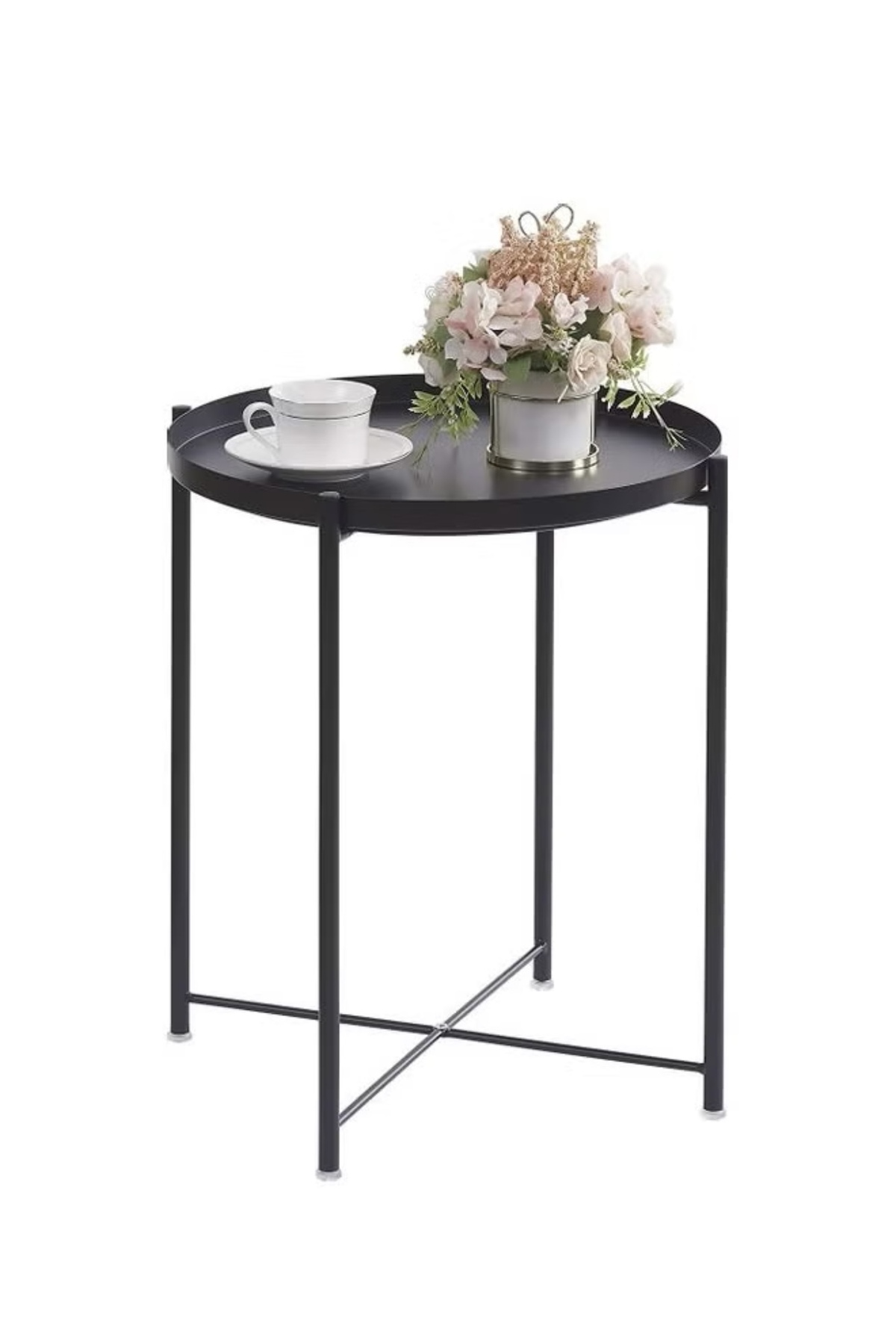 Un Black Metal Round Serving Table with Detachable Top Tray - 50x50x60 ...