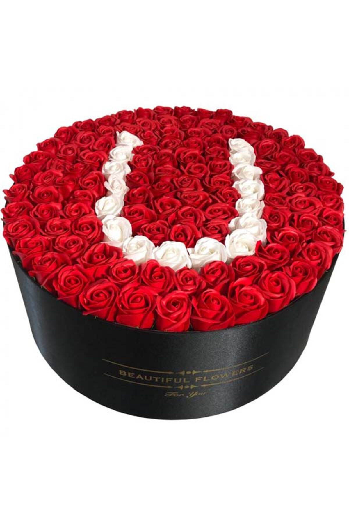 velve Aranjament floral personalizat cu litera, cutie rotunda neagra cu ...