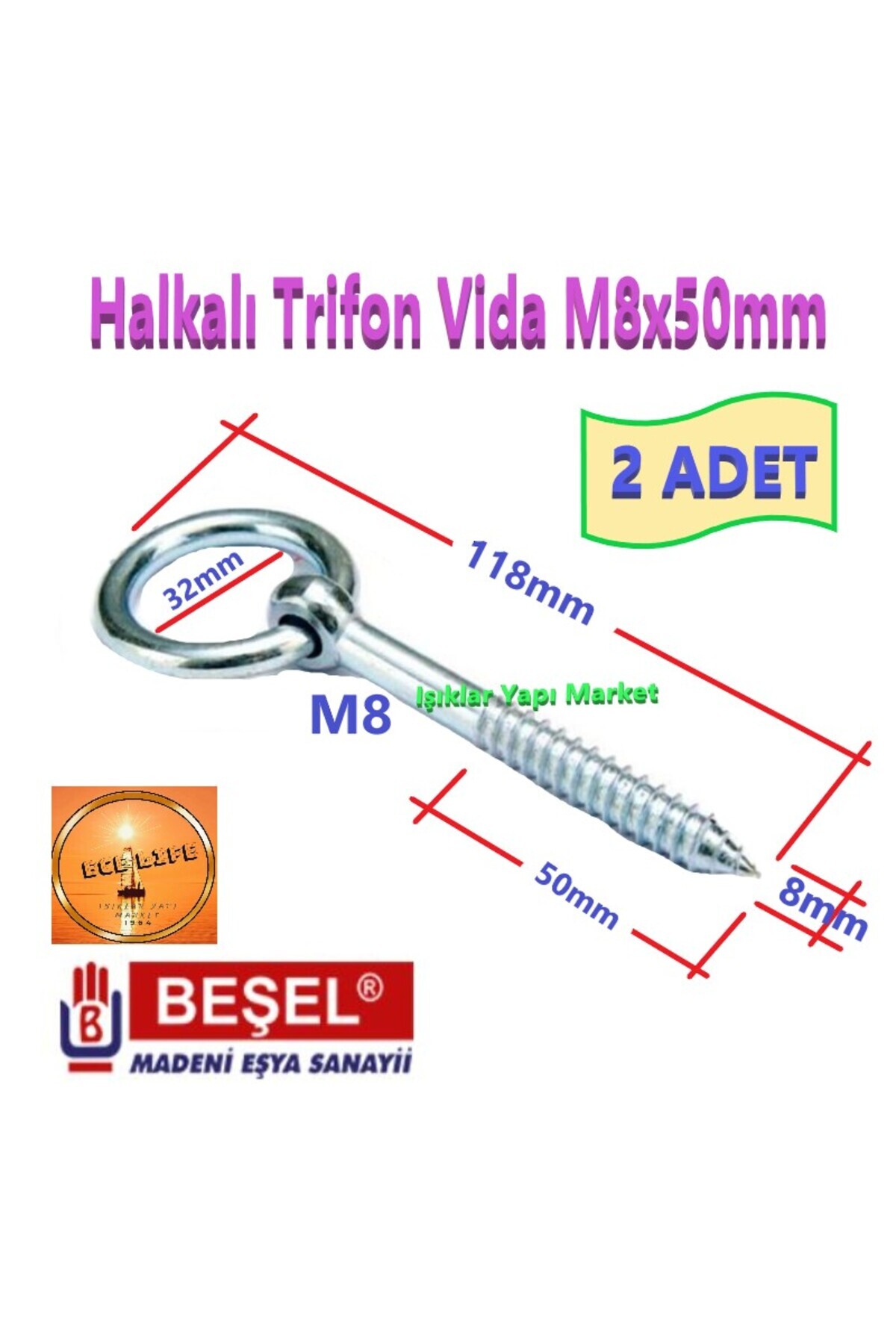 Beşel Halkalı Vida -Trifon -Kanca -M8x50mm -Dubelli -Tavan ve Duvar ...