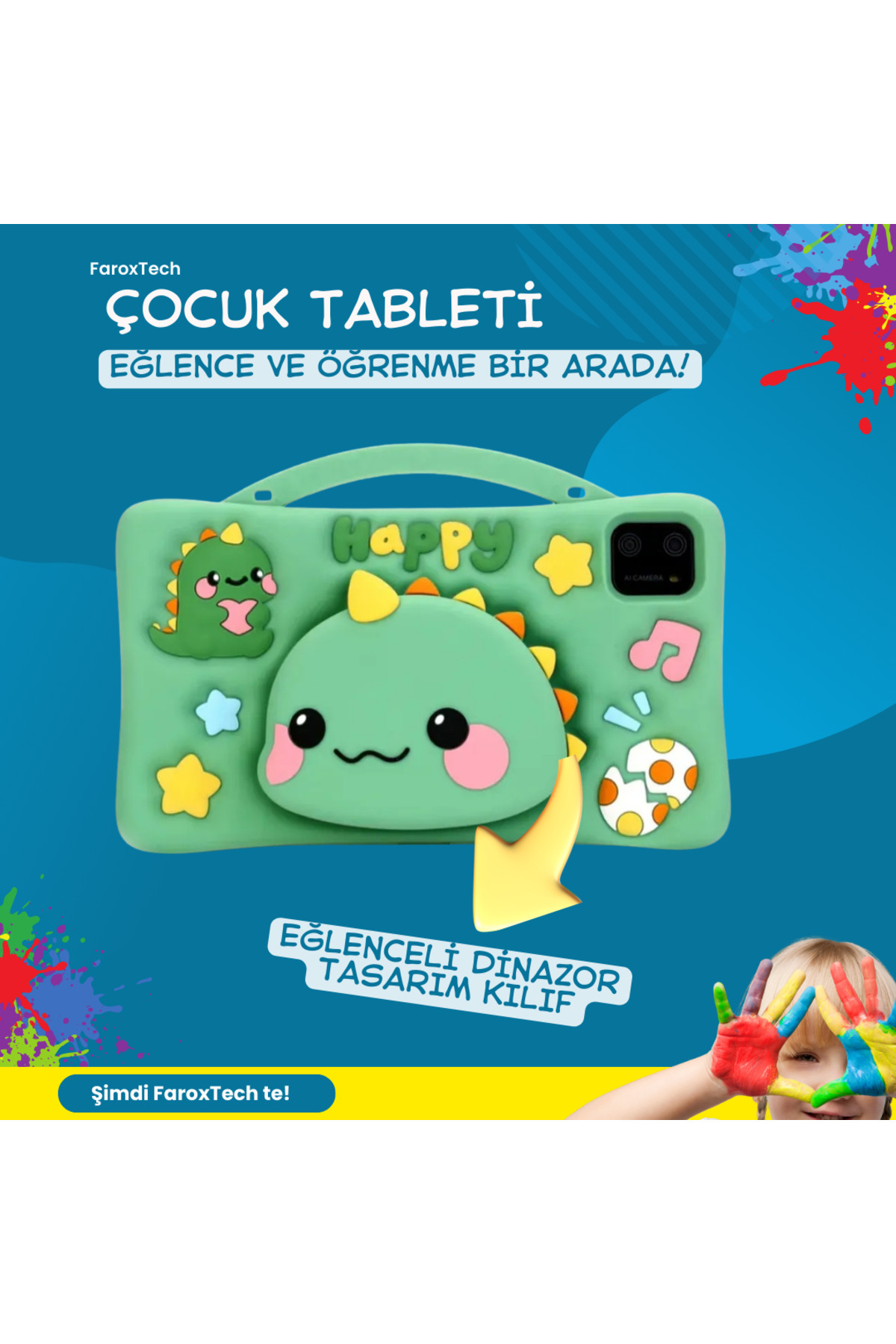 FaroxTech Çocuklar İçin 7'' HD Dino Tablet | 5MP + 8MP Çift Kamera, Eğitici Oyunlar, Dayanıklı ...
