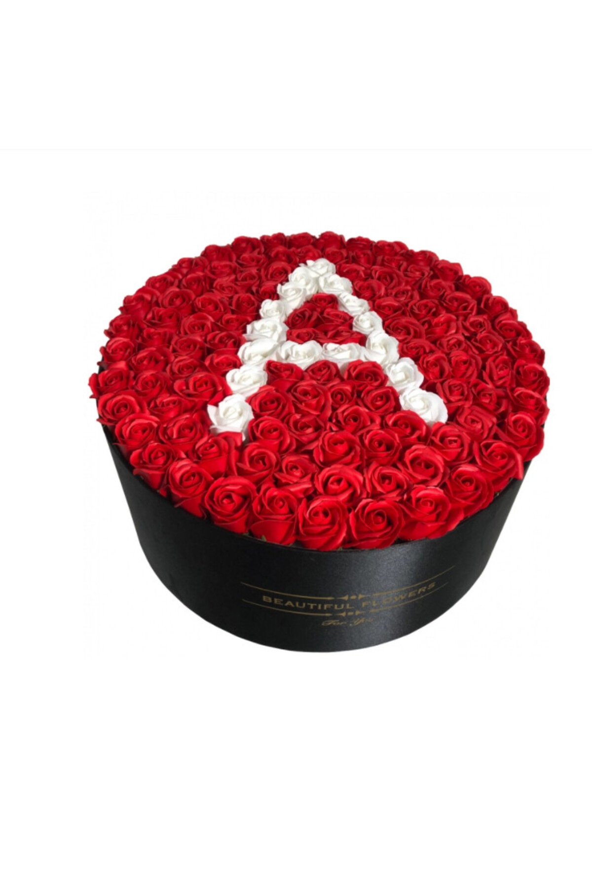 velve Aranjament floral personalizat cu litera, cutie rotunda neagra cu ...