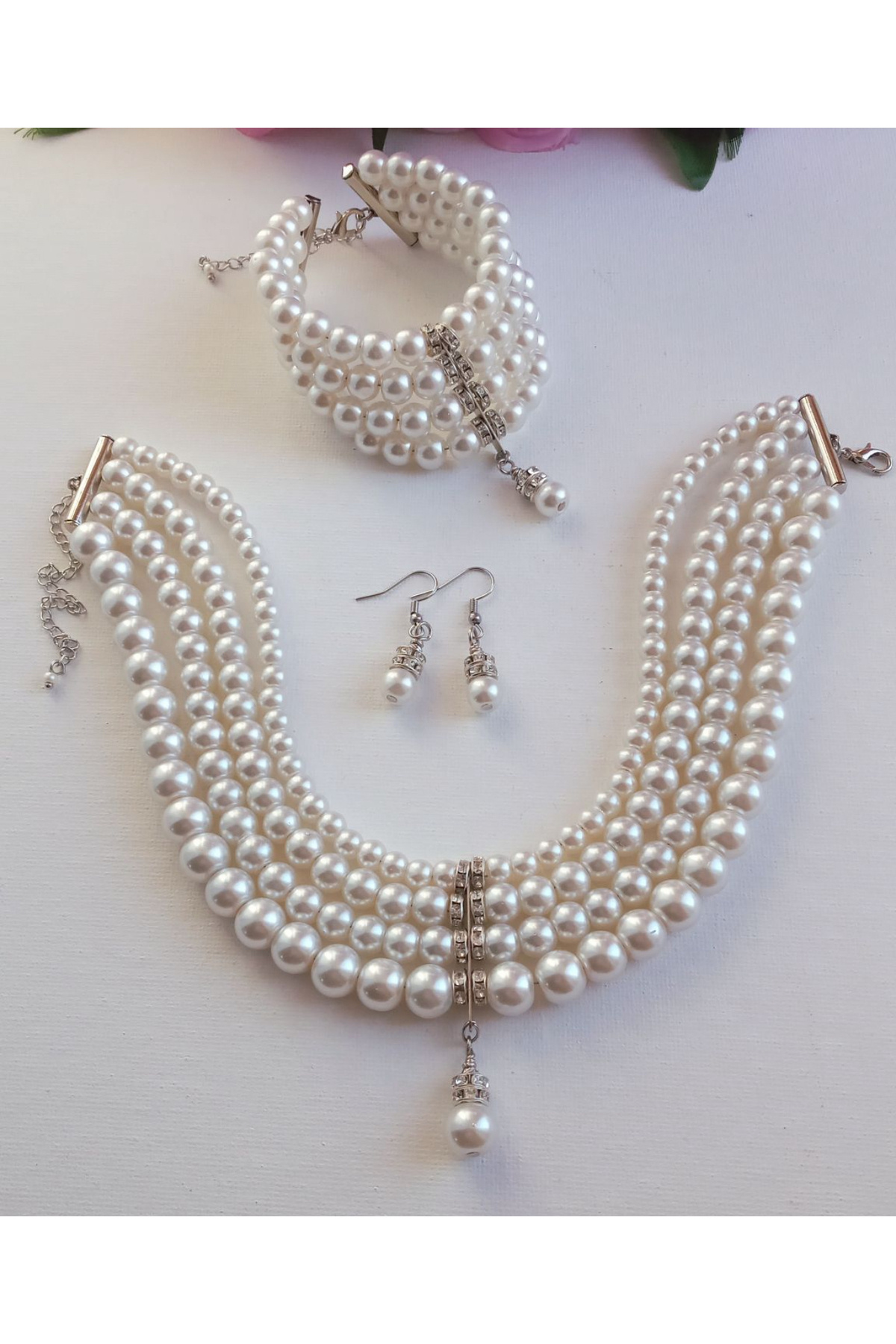 Chic Charms 6-8-10 mm krem renk 4 sıra choker kolye choker bileklik ve ...