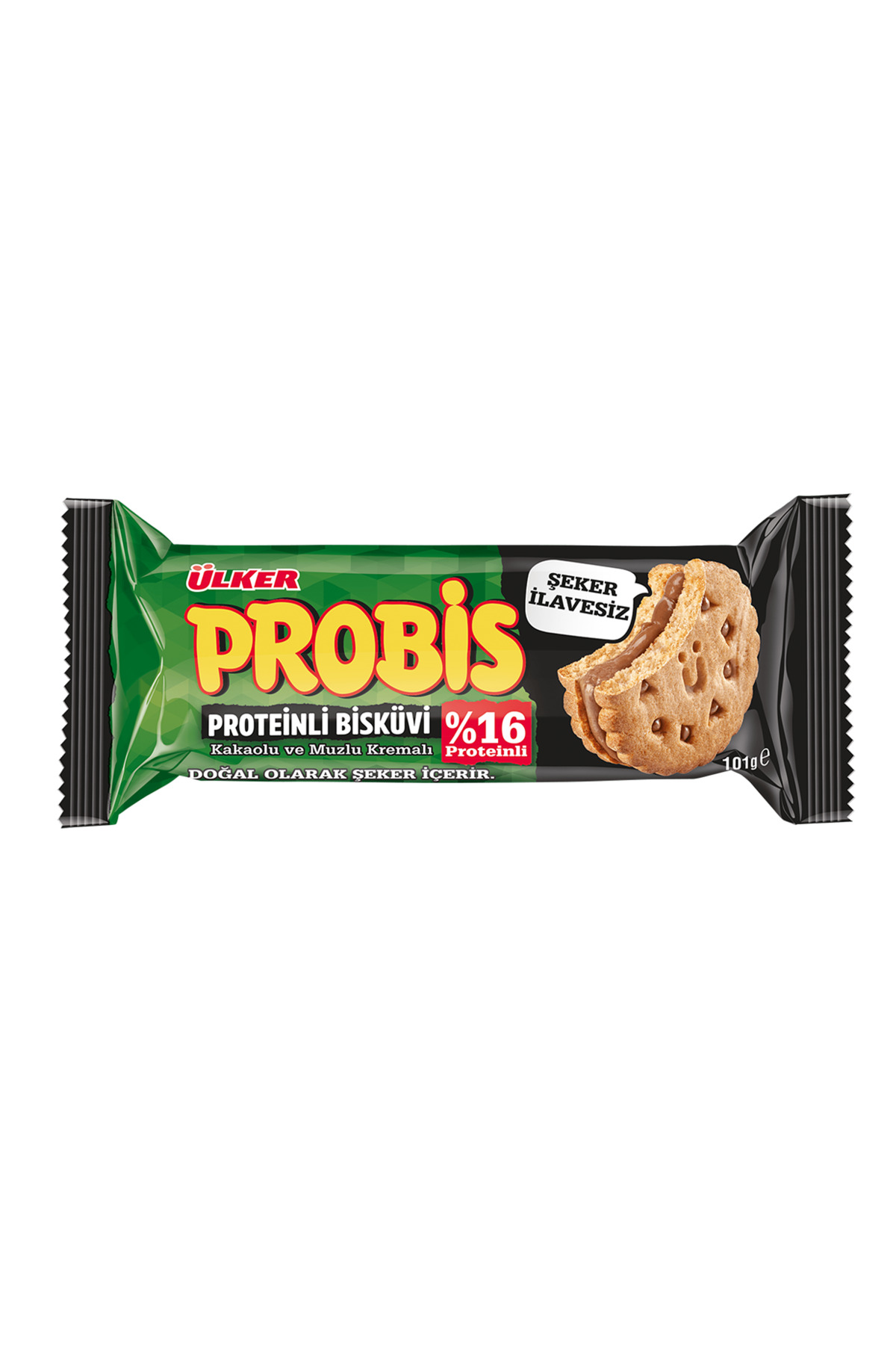 Ülker PROBİS PROTEİNLİ KAKAOLU VE MUZLU KREMALI ŞEKERSİZ BİSKÜVİ 101G ...