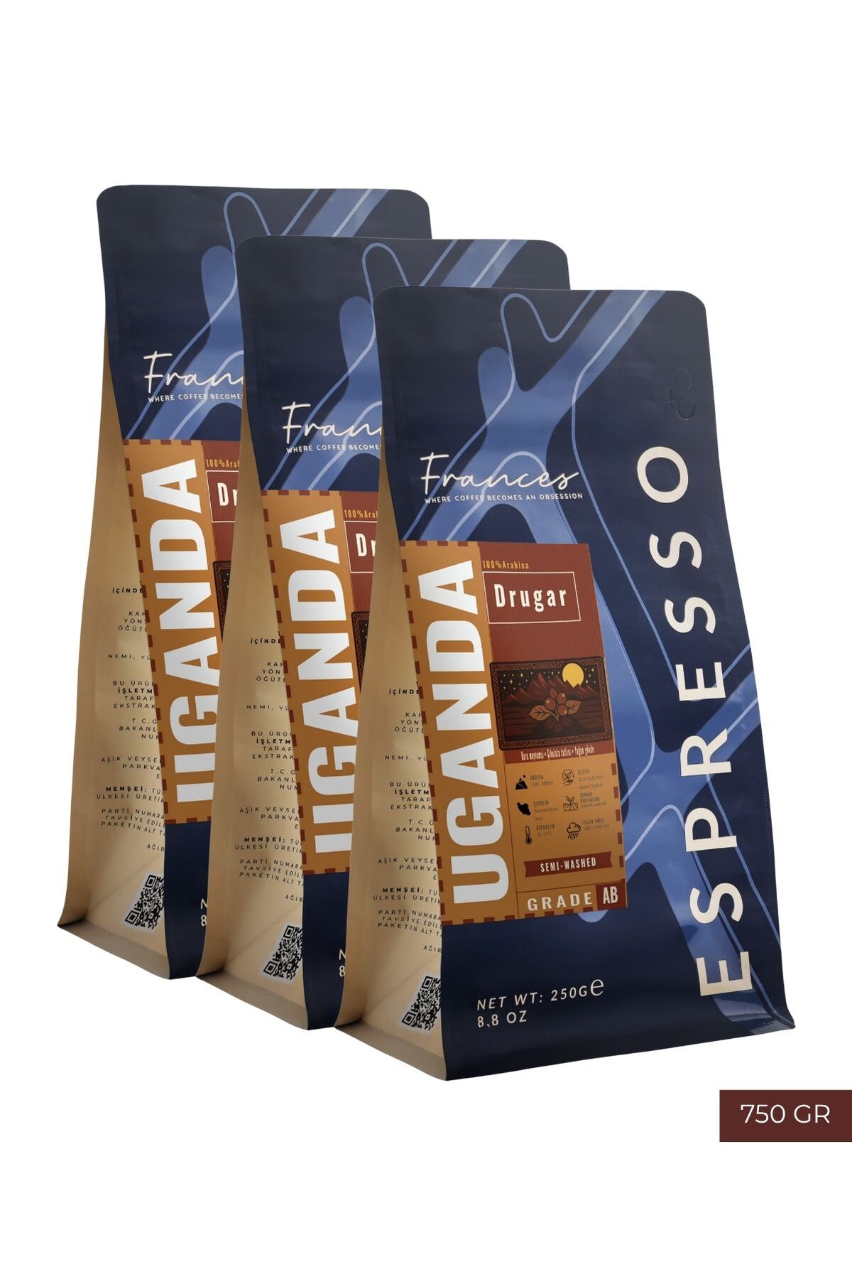 FRANCES %100 Arabica Uganda Drugar | Espresso | 3*250 GR | Orta-Yüksek ...