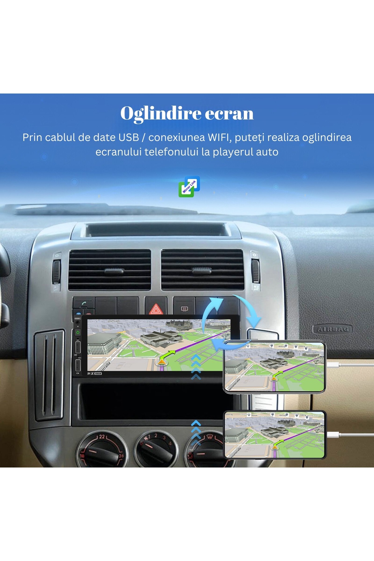 MaxTech Player MP5 universal, Android Auto și Carplay, 1 DIN, MaxTech ...