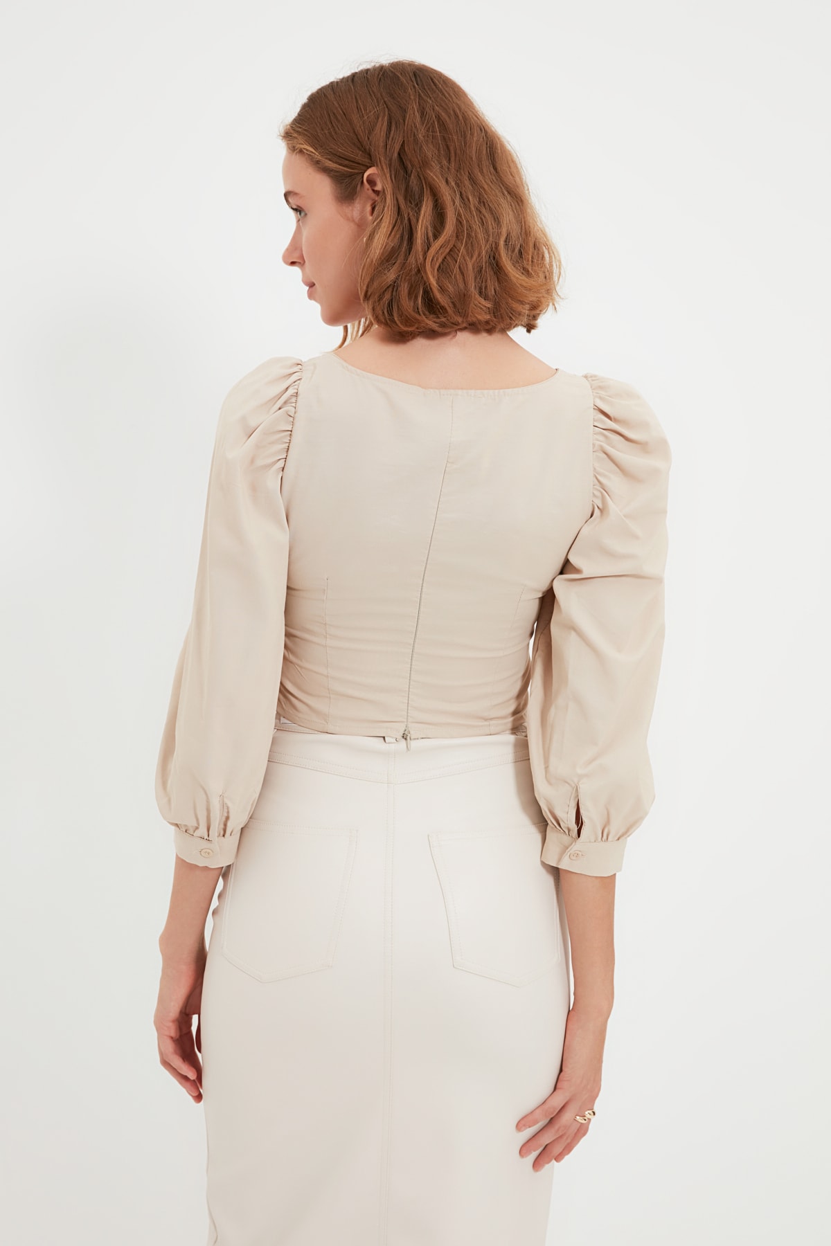 Trendyol Collection Mink Balloon Sleeve Square Neck Woven Blouse ...