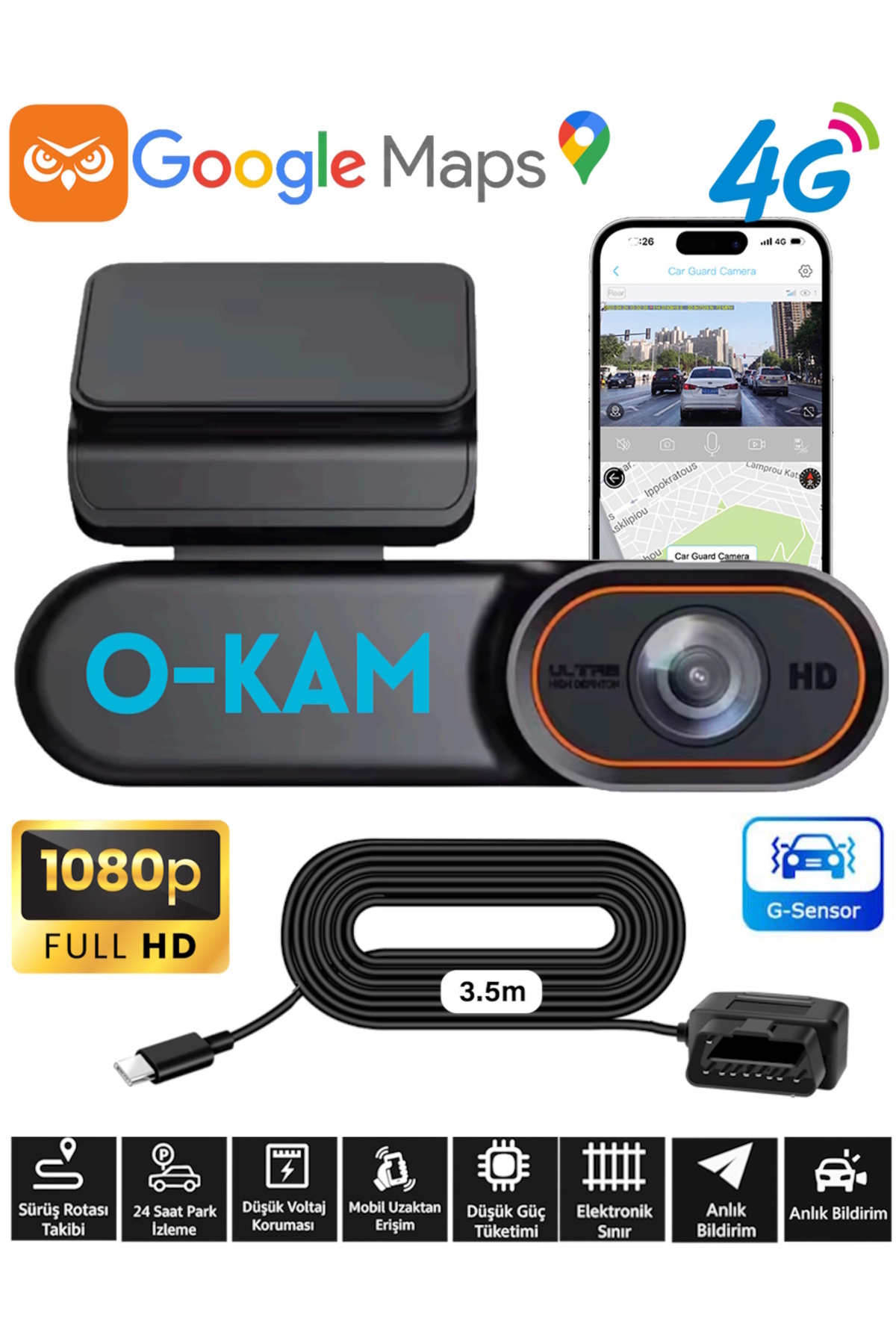 O-KAM 2026 4G Görüntülü Araç Takip Sistemi Google Maps 1080p Kamera GPS ...