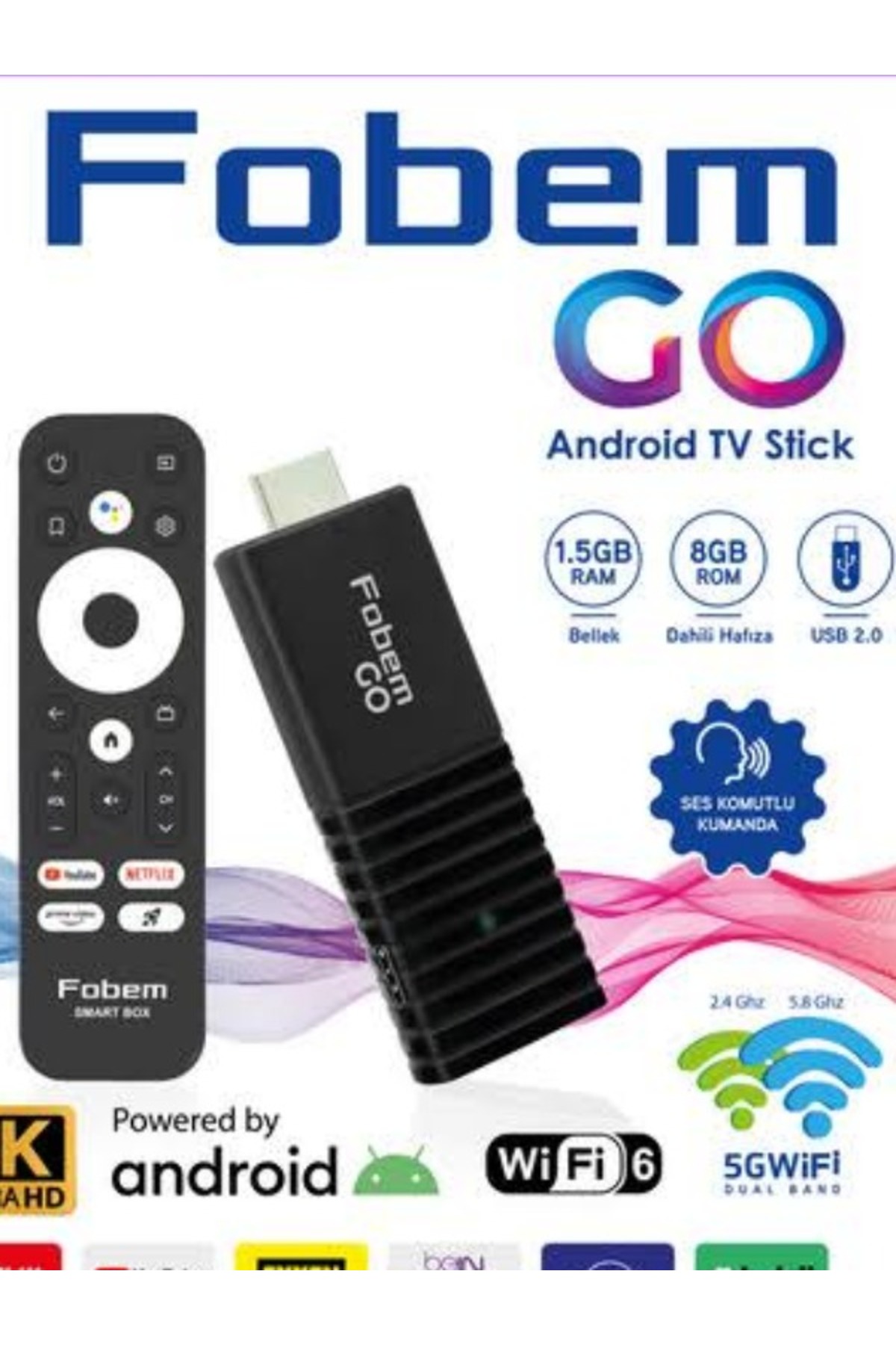 FOBEM Go 4k Stick Android TV Box medya oynatıcı ,WiFi fi6 1.5 GB Ram 8 ...