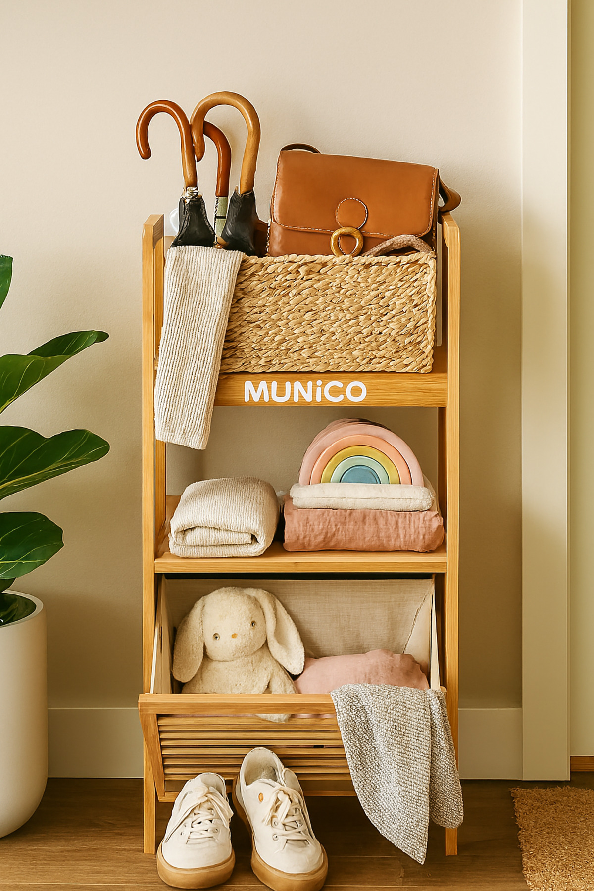 Munico Bambu Çek-Aç Kirli Sepet – 95 cm Yükseklik, Organizer Raflı, Nem ...