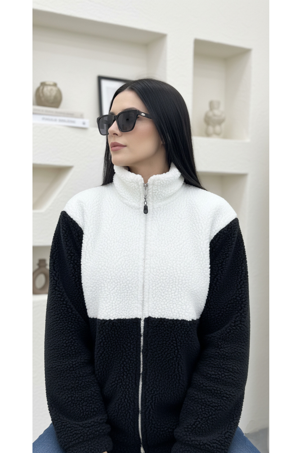 Fifty Color Trend, Unisex, Renk Bloklu, Fermuarlı, Dik Yaka, Sherpa ...