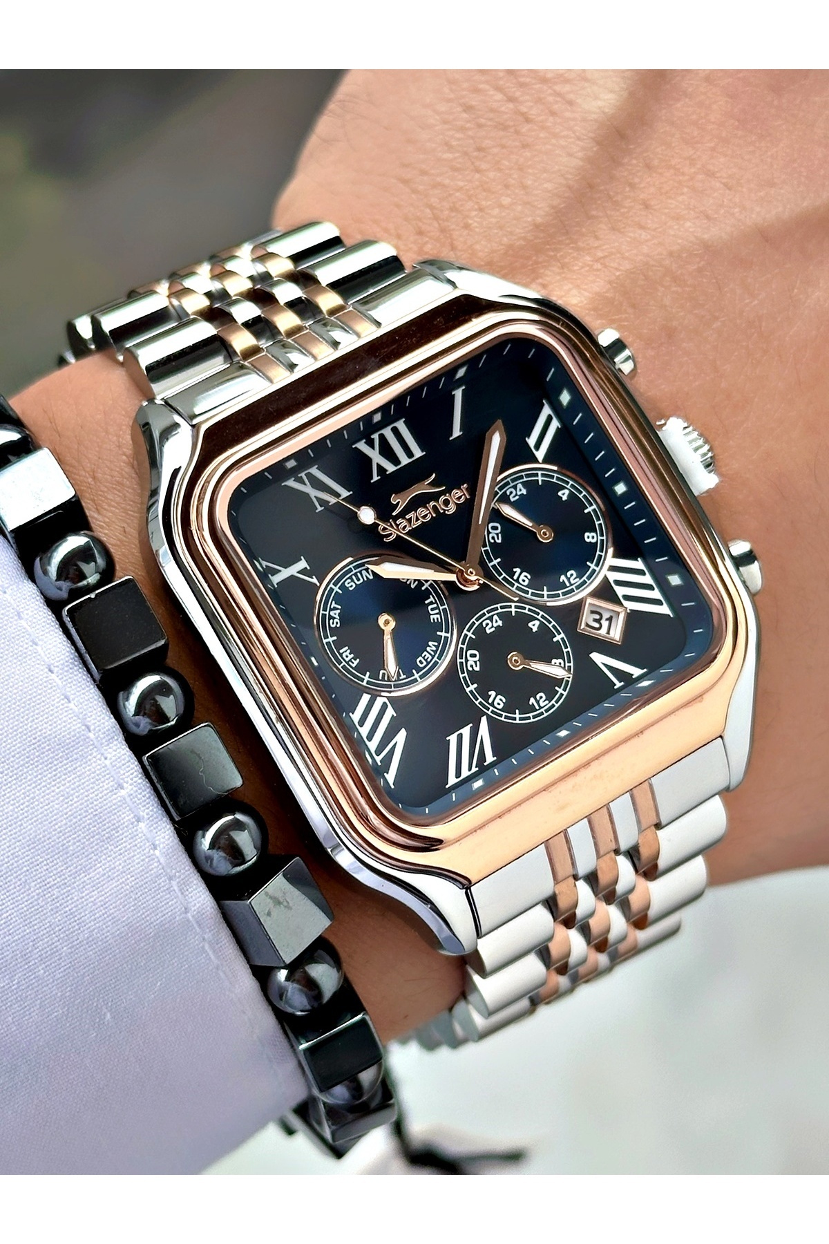 Slazenger ساعة يد رجالية بتصميم خاص باللون الفضي والنحاسي مقاومة للماء ...