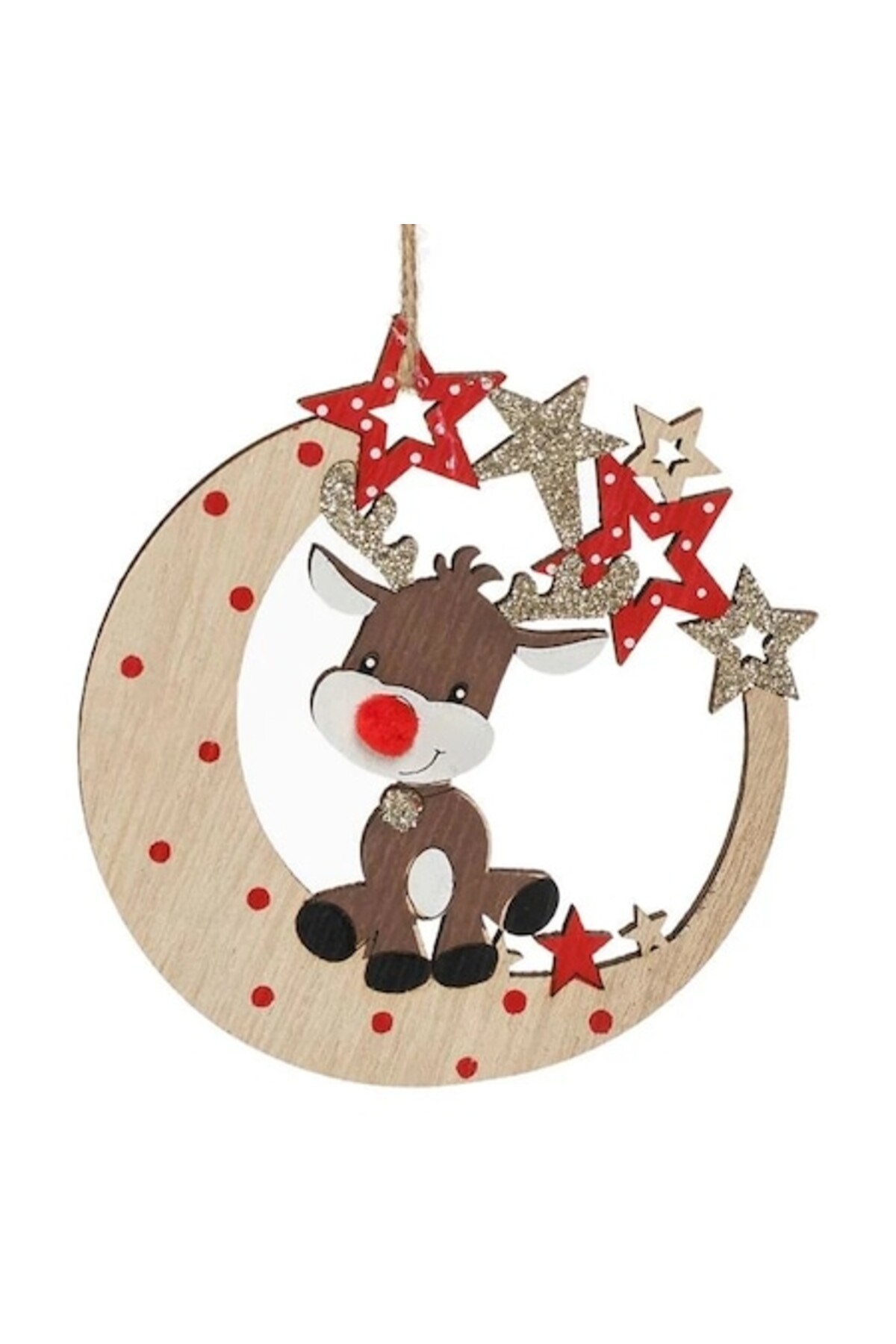ANTBRO Ornament de Crăciun din lemn - Lună și stele perforate cu cerb ...