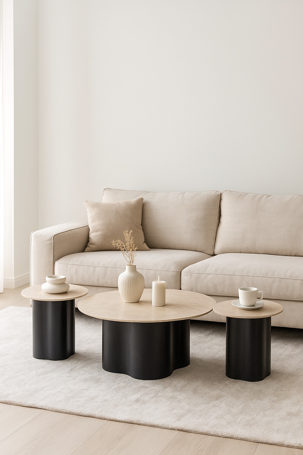 MARIA HOMES 3Piece Round Coffee Table Set Beige Marble Top with Black ...