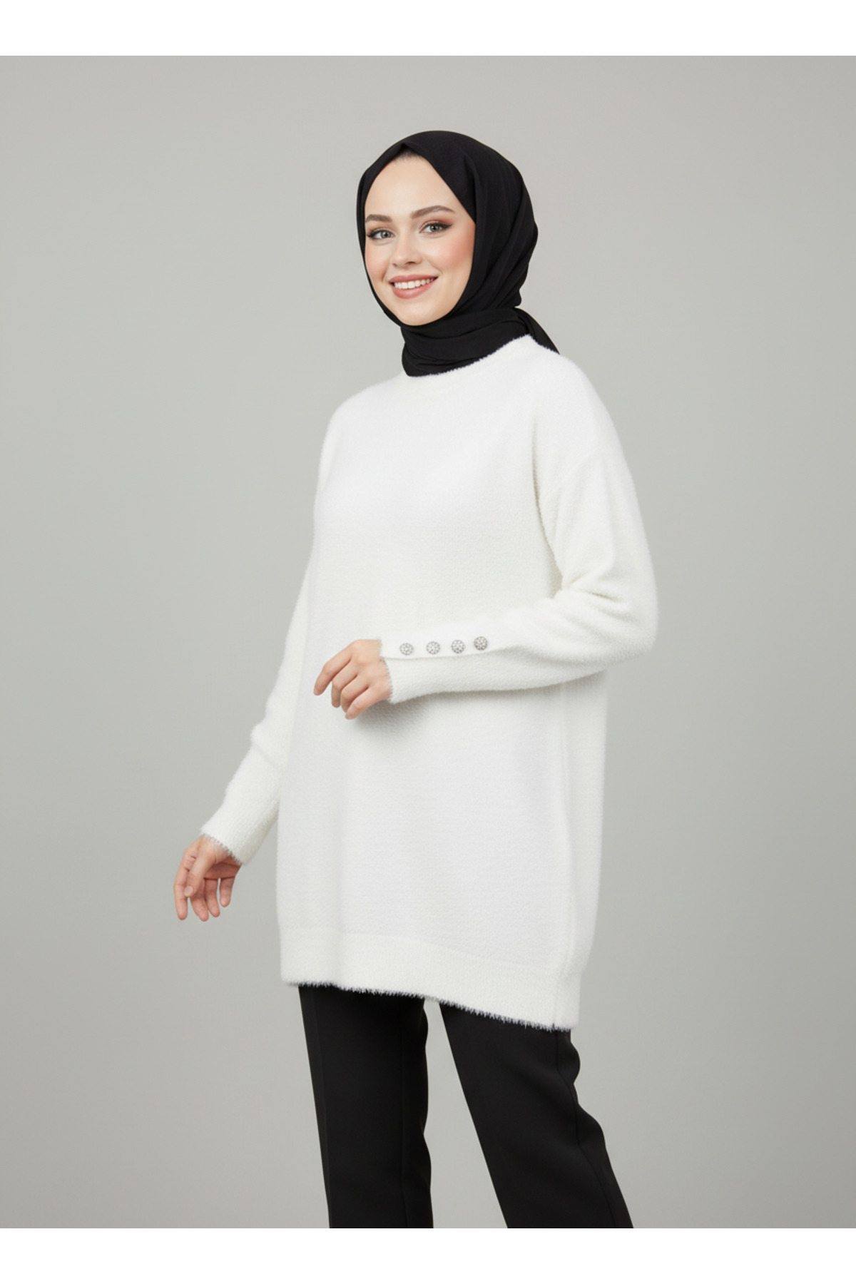 BENAHOLL Ferola Kol Ucu Papata Düğmeli Peluş Tunik-Zİ5243 Beyaz ...