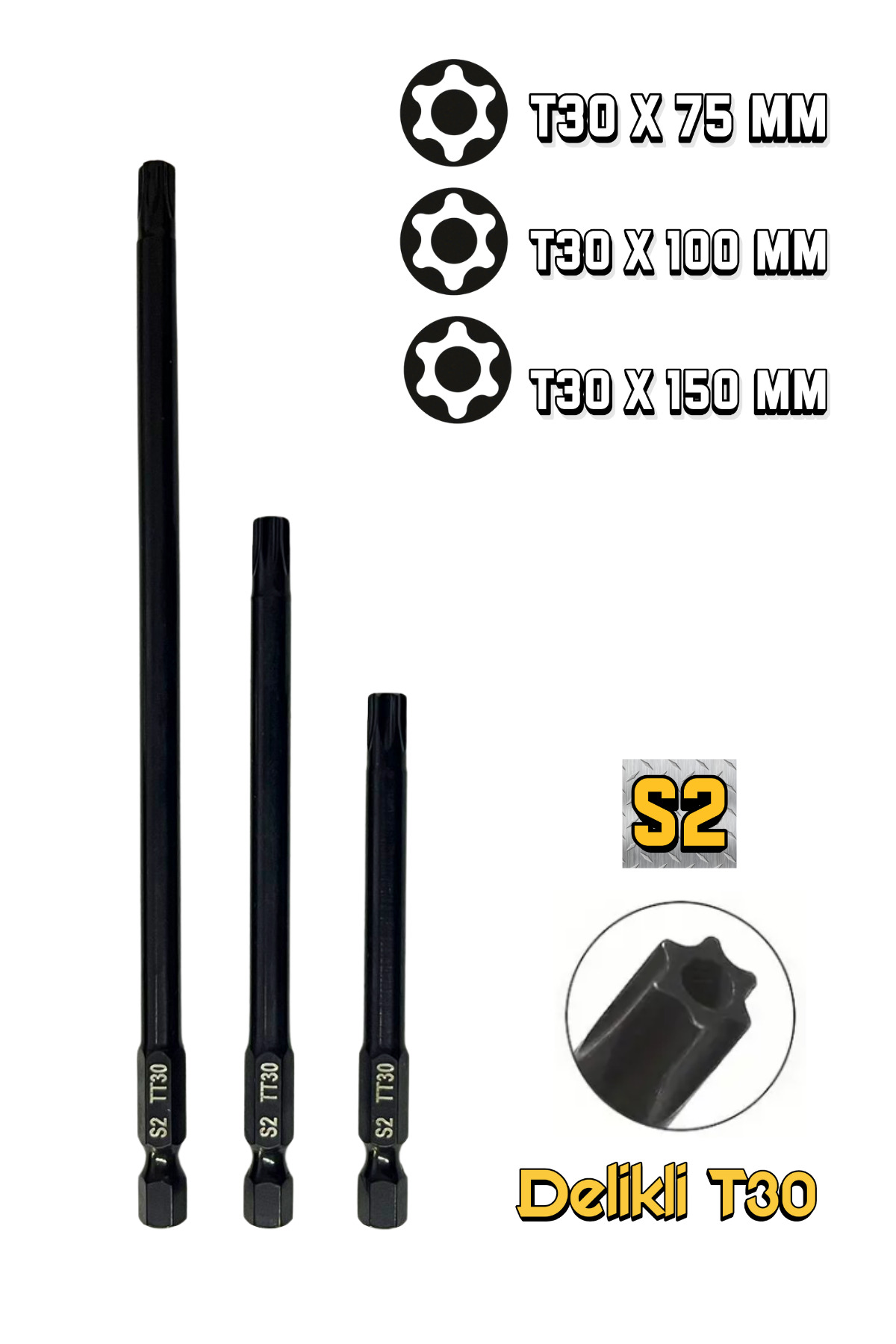 DepoMega 3’lü Delikli T30 Torx Bits Uç Set 150 mm-100 mm-75 mm T30 Bits ...