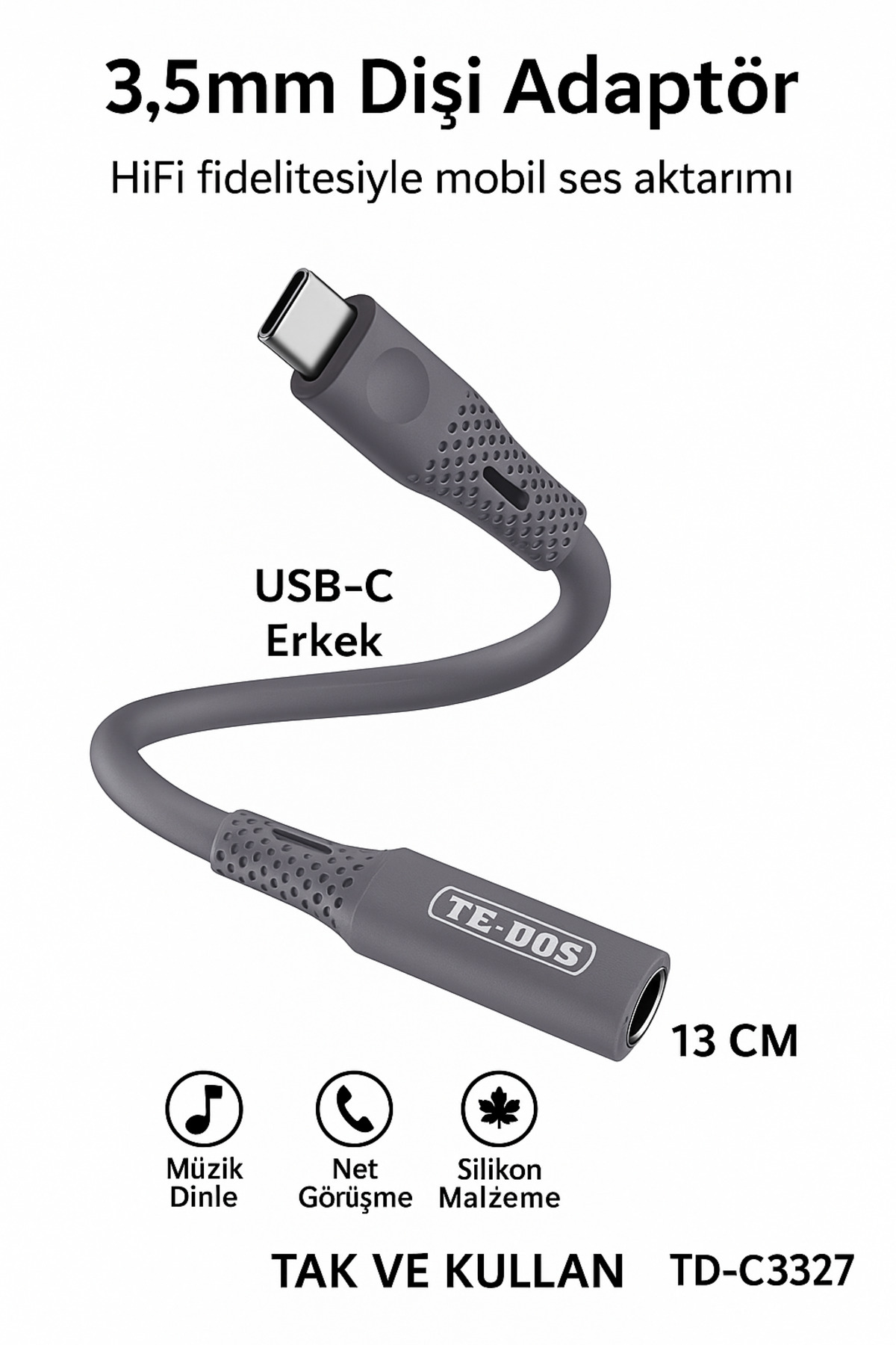 TE DOS TD-C3327 Type-C-3.5mm Kulaklık Dönüştürücü HiFi Ses Aktarımı DAC ...