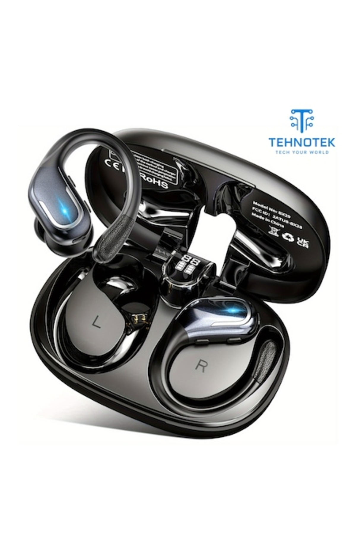 TehnoTek Căști sport wireless BX29, Bluetooth 5.4, USB-C, negre- Trendyol