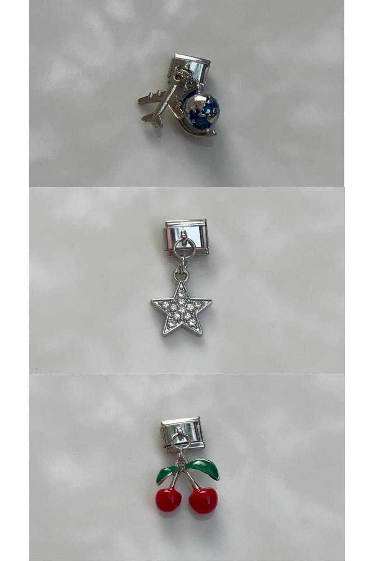 Sepetten Eve 3 lü Charm Çelik Seti Kalp Yıldız Ay Uçak Dünya 9mm ...