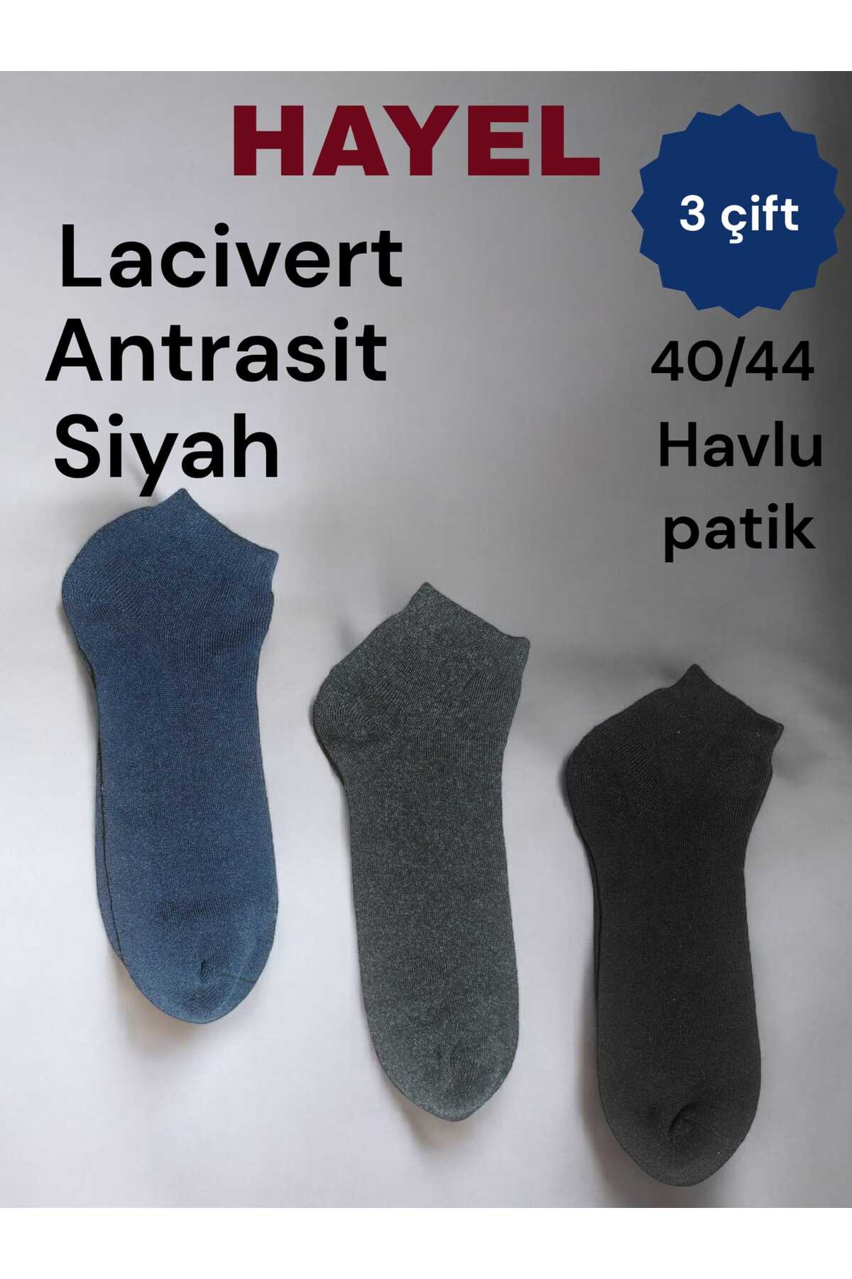 HAYEL 3 Çift Erkek Siyah Antiresit Lacivert Havlu Termal Pamuklu Patik ...