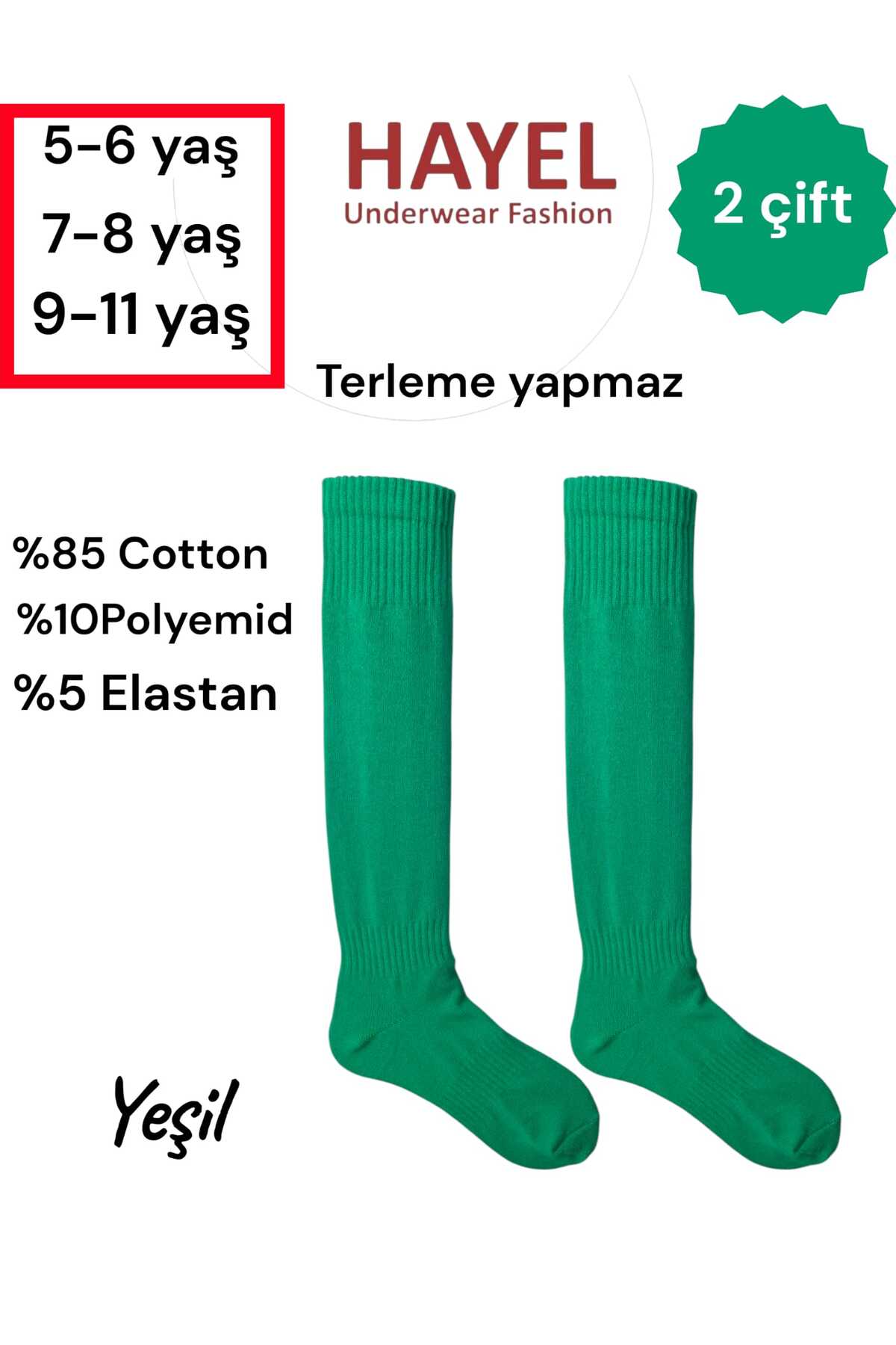 HAYEL 2 Çift Yeşil Renkli Kız Erkek Çocuk Dizaltı tozluk Tenis Çorap ...