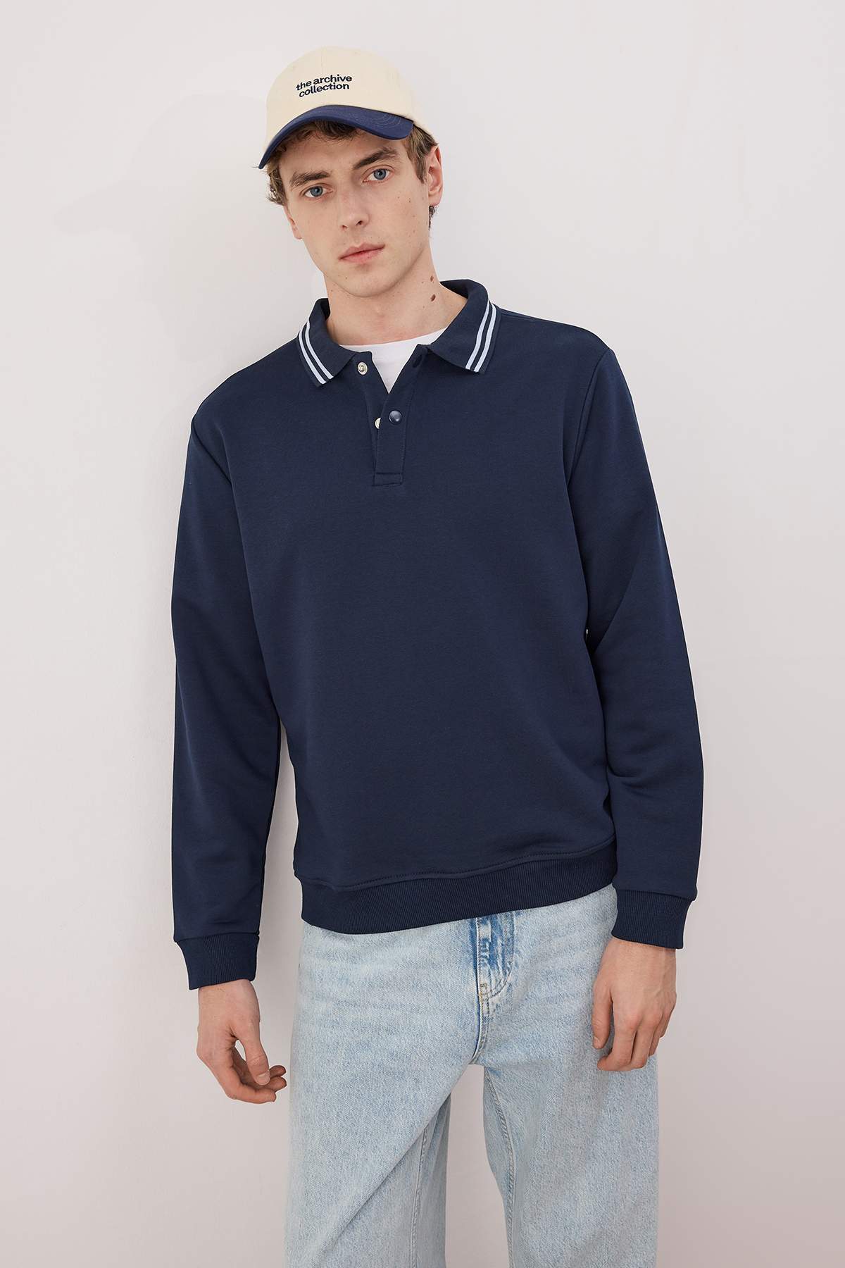Trendyolmilla Man Lacivert Regular/Normal Polo Yaka Örme Sweatshirt ...