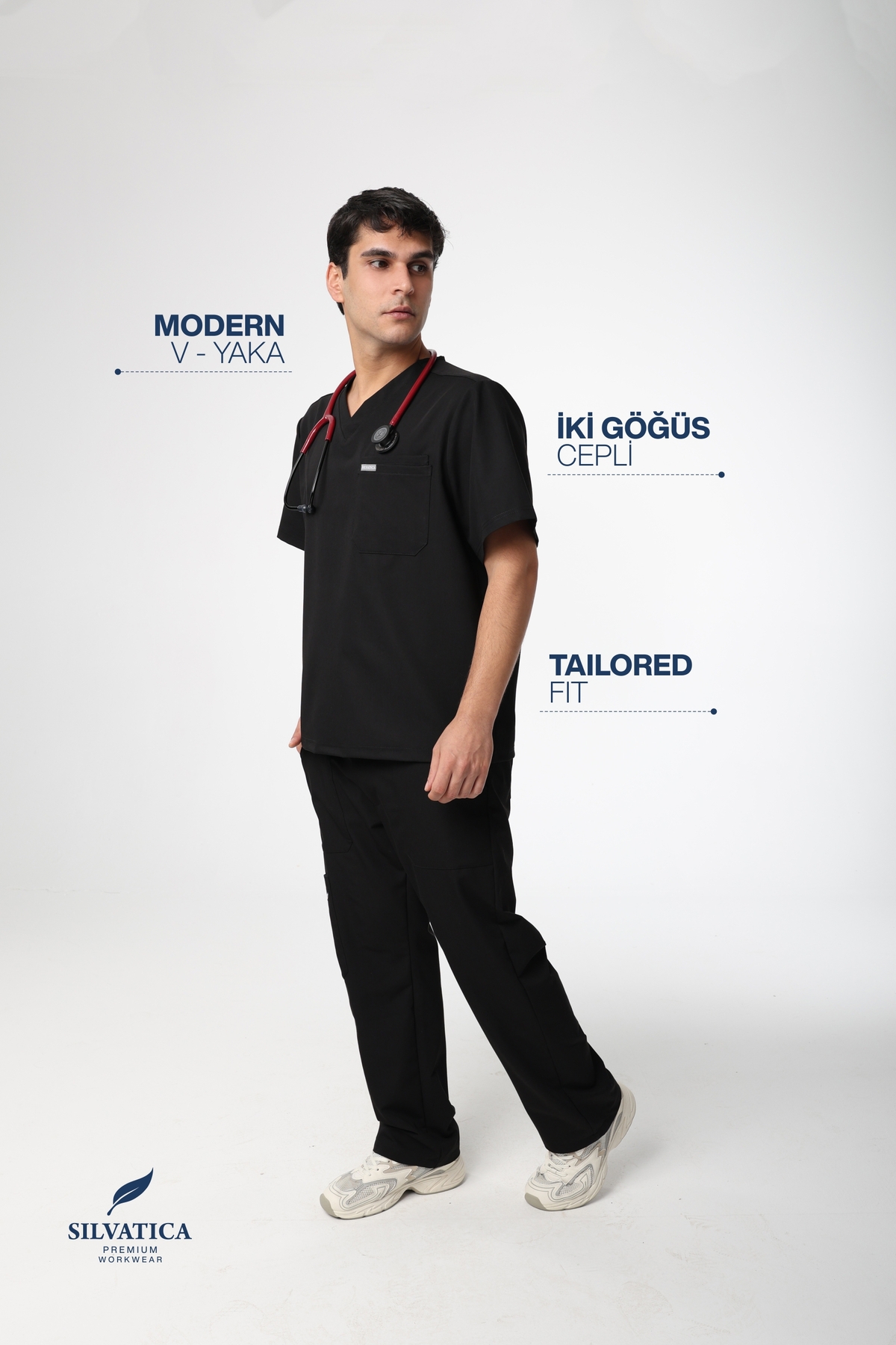 Silvatica Premium Workwear Erkek V Yaka Üst Scrubs Hemşire ve Doktor ...