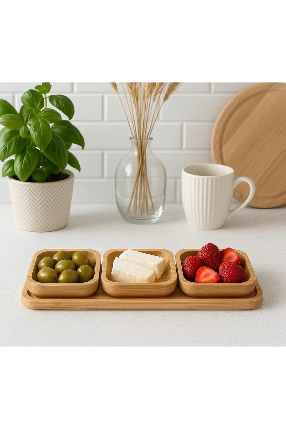 Kitchen Pembelia Bambu Sunum Tepsili 3’lü Kahvaltı Reçel Sunum Kasesi ...