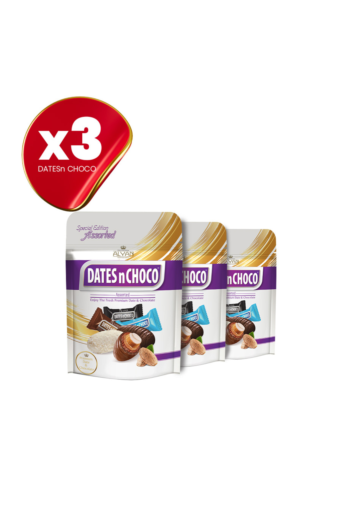ALYAN 3'lü Dates N Choco Sütlü Bitter Beyaz Çikolata Kaplı Bademli ...