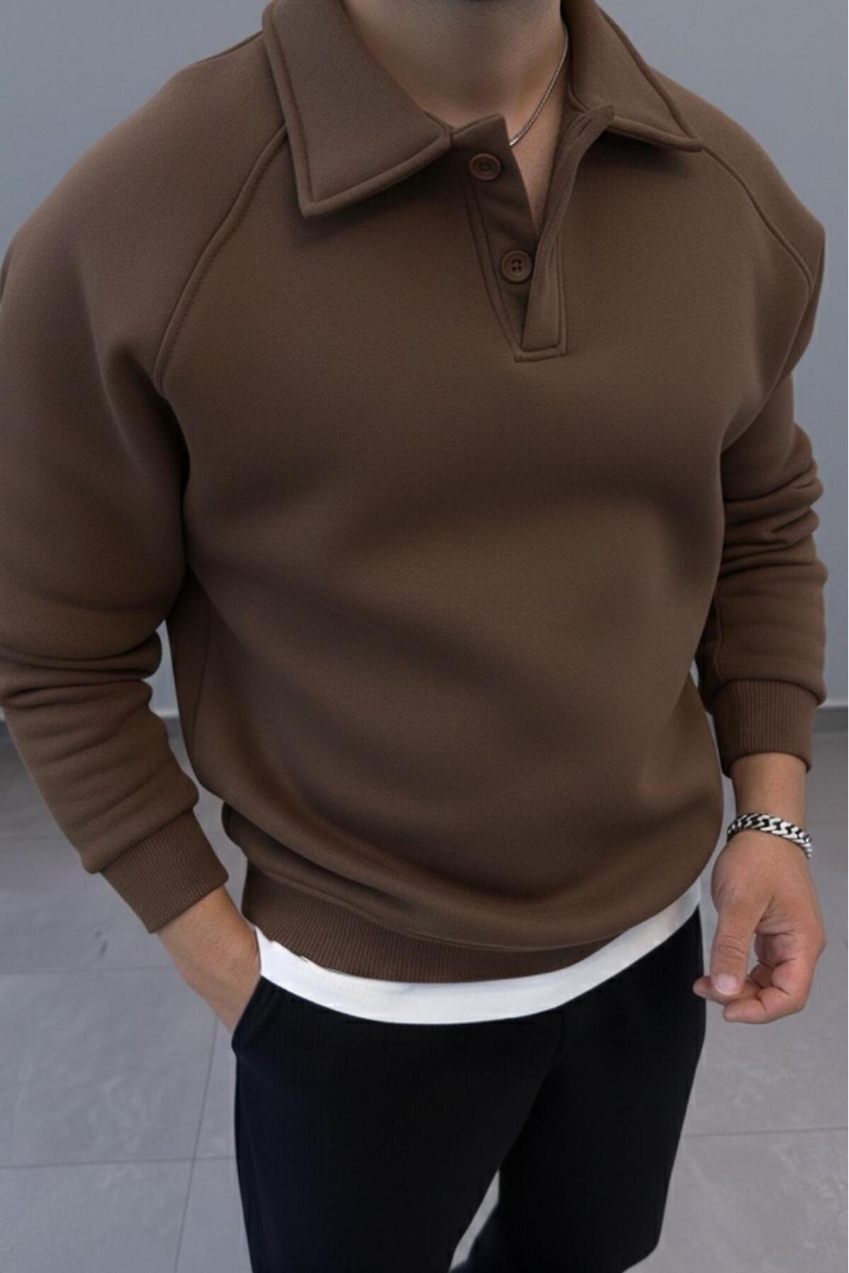 NO 601 Erkek Kahve Roberto Reglan Kol Yakalı Düğmeli Kalın Sweat ...