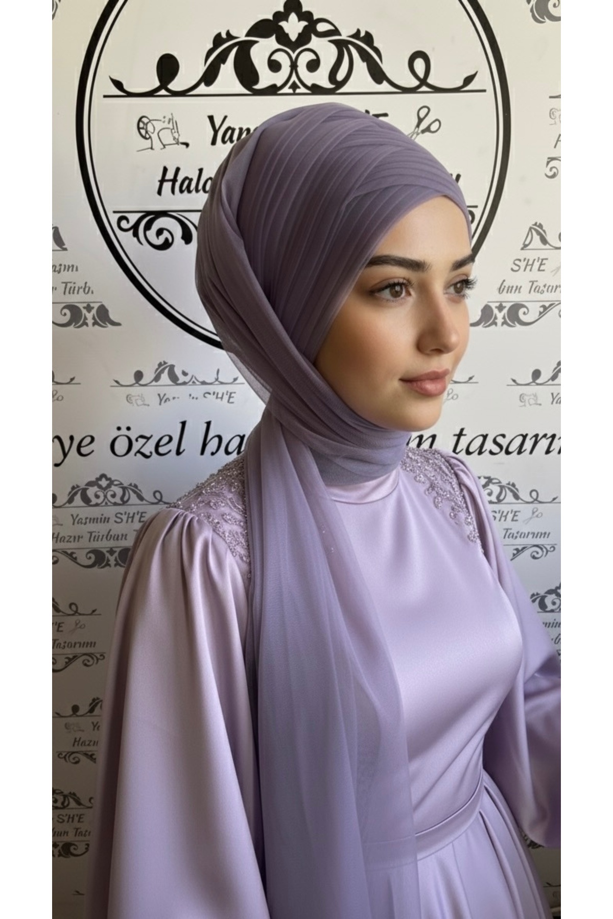 Yasmin S'H'E Sarma Model Hayal Tulle Ready-Made Veil Lilac Color- Trendyol