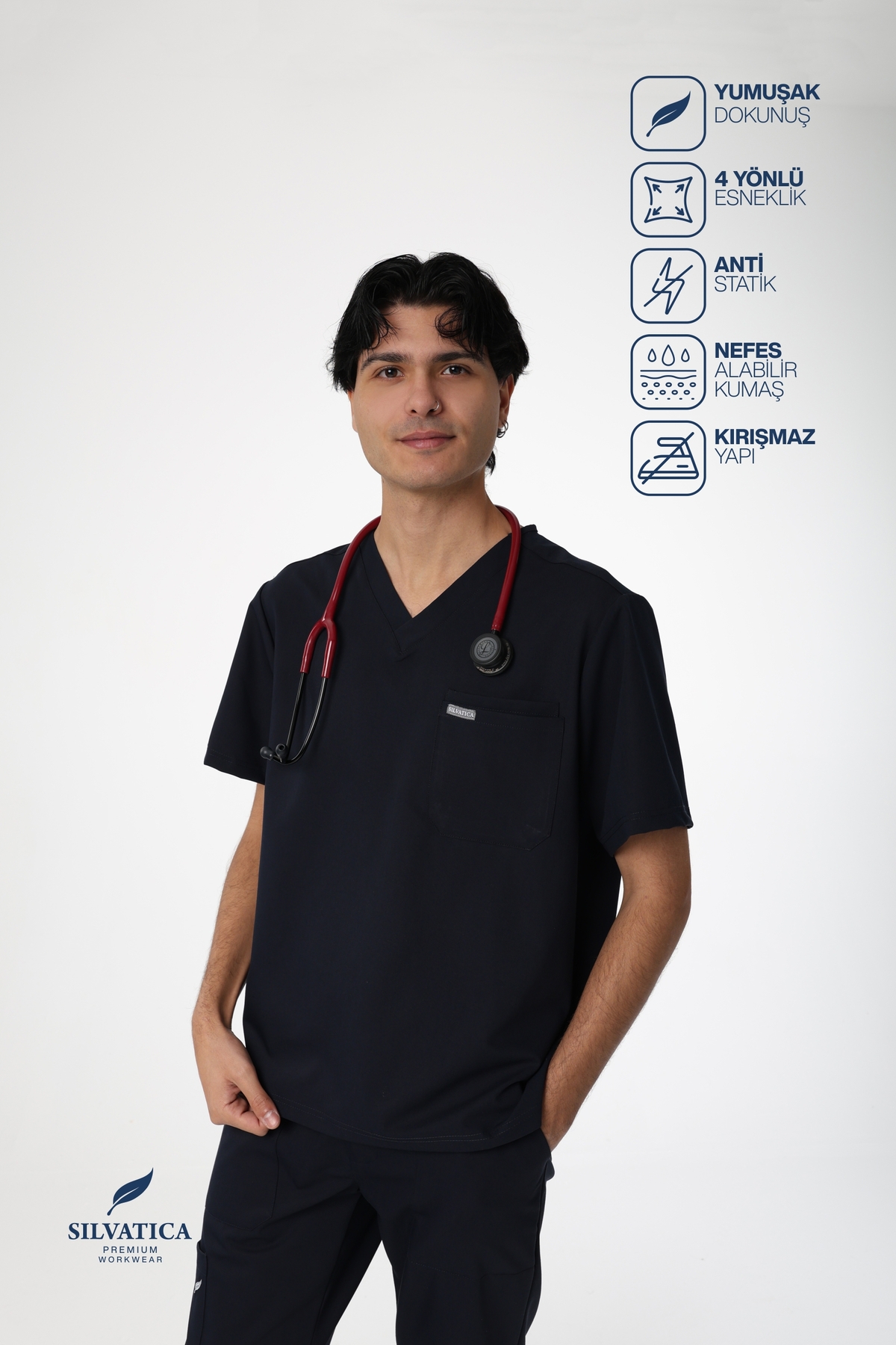 Silvatica Premium Workwear Erkek V Yaka Üst Scrubs Hemşire ve Doktor ...