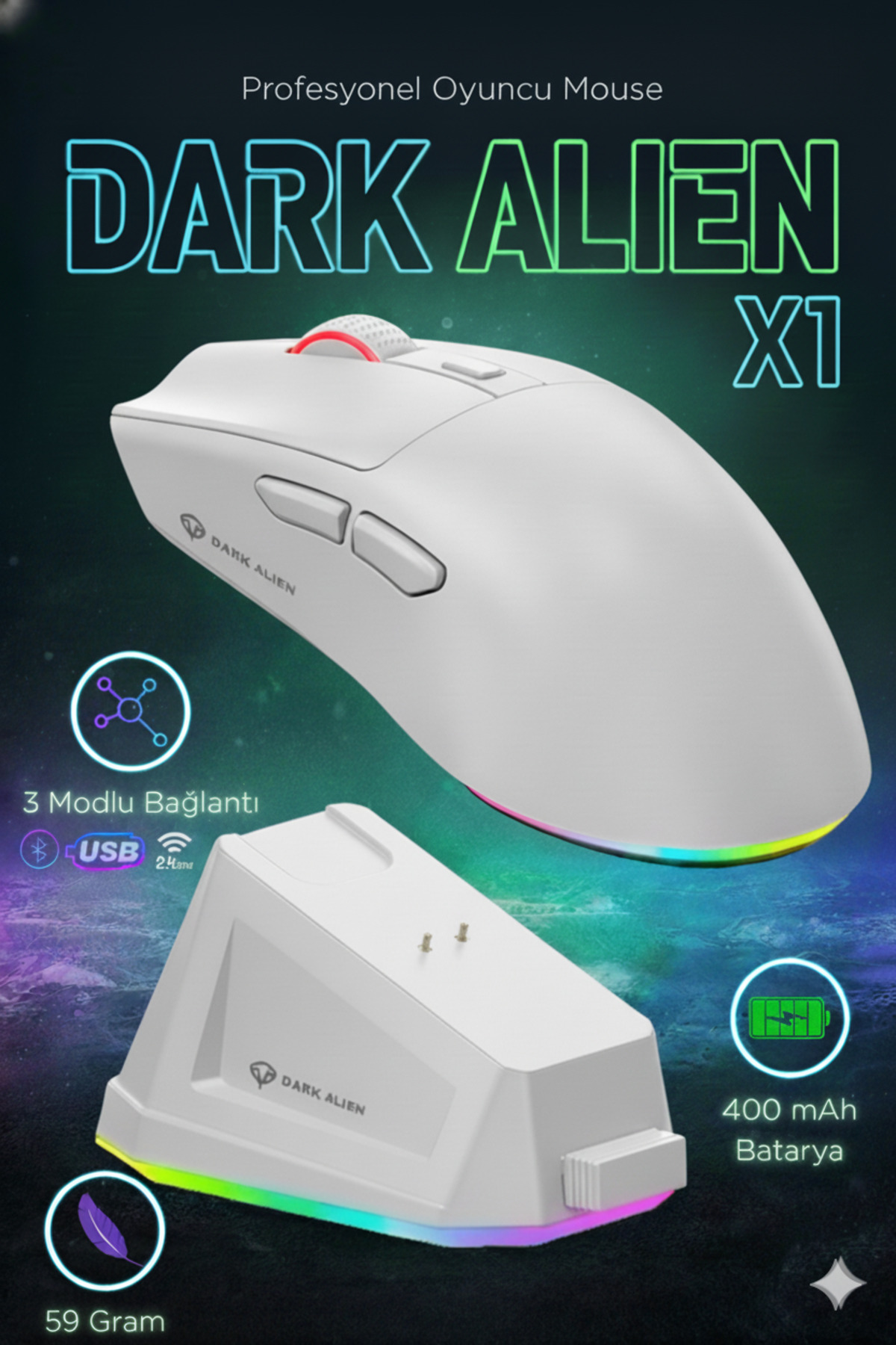 Leaven Dark Alien X1 Kablosuz 3 Modlu Oyuncu Mouse- 59 Gram 400 Mah ...