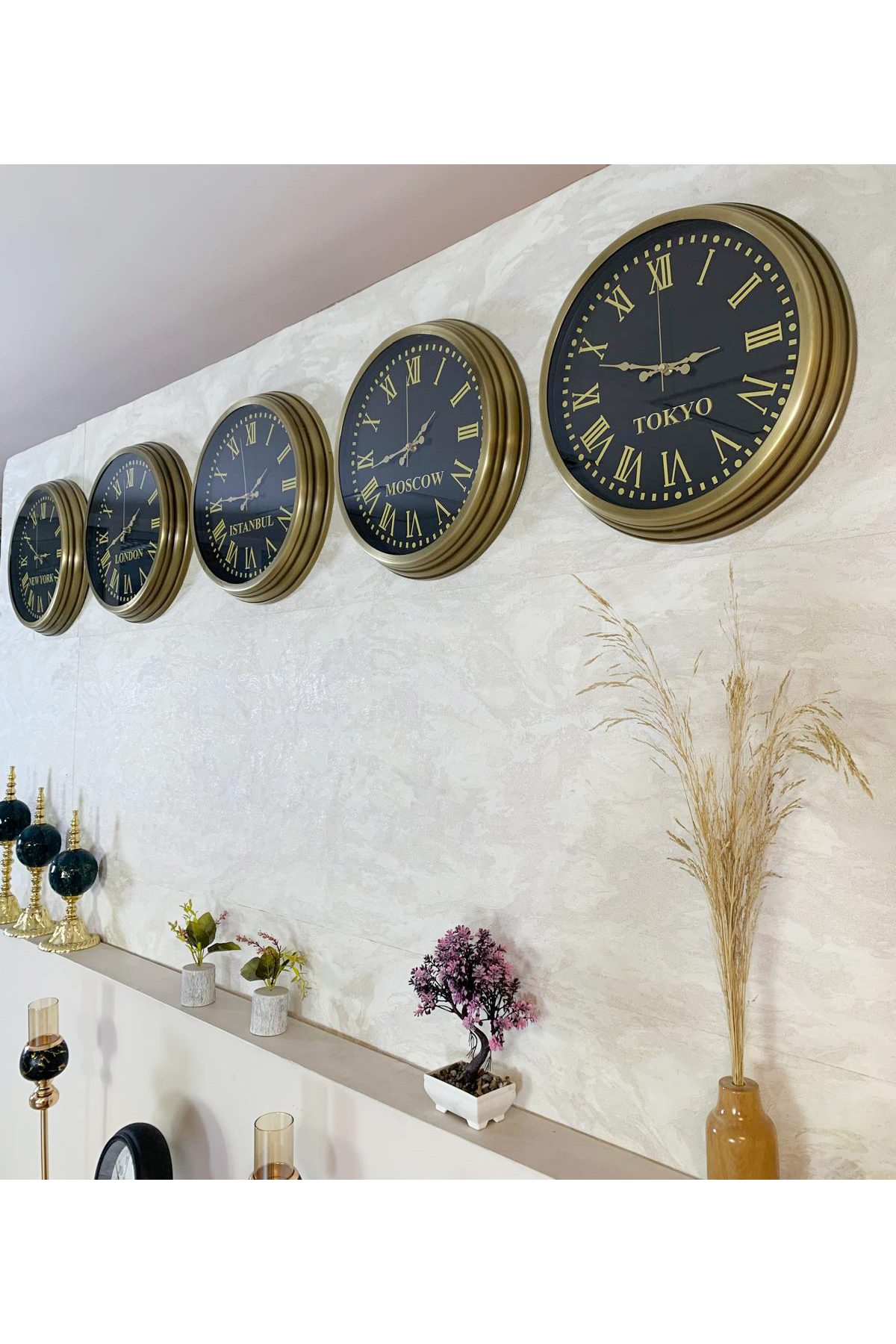 Genel Markalar 40 cm Eskitme Metal 5 li Set Otel Dünya Saatleri Duvar ...