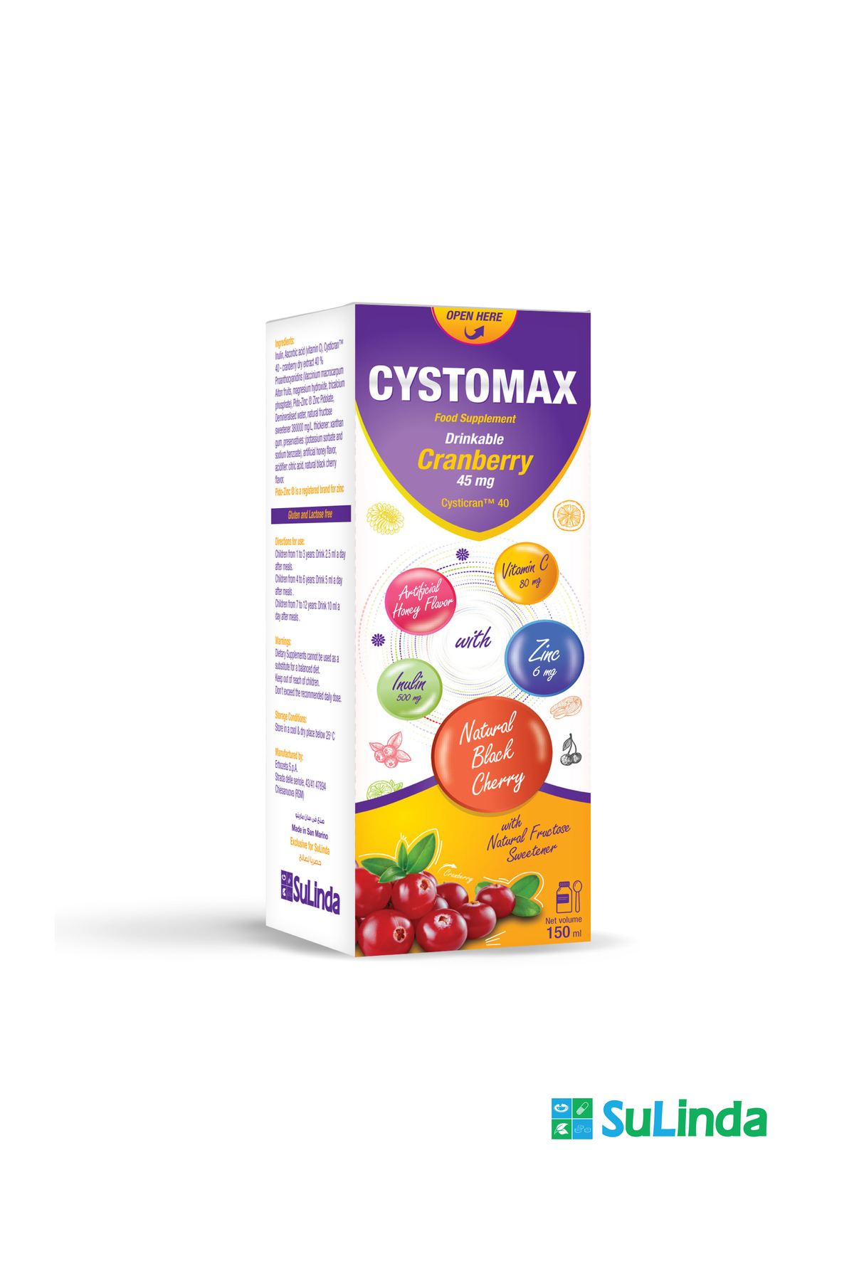 SuLinda Cystomax with Cranberry 45mg Inulin 500mg VitaminC 80mg and ...