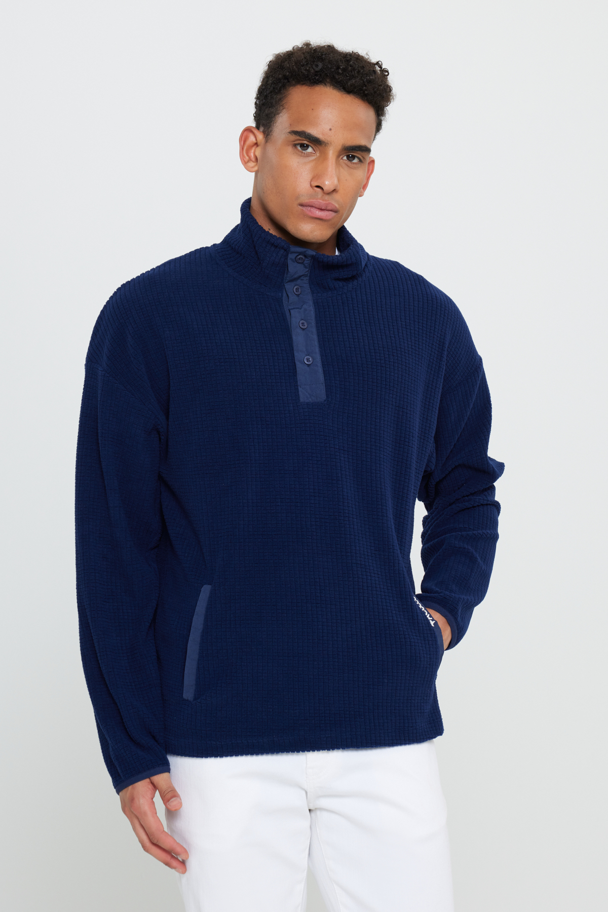 AC&Co / Altınyıldız Classics Navy Blue Loose Fit Stand Collar Jacquard ...