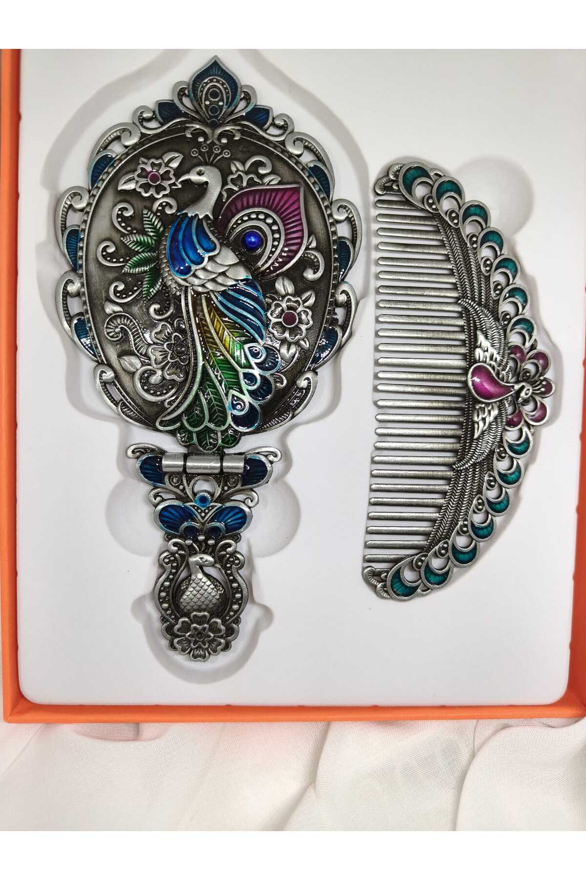 Meya design Vintage Metal Tavus Kuşu Desenli El Aynası ve Tarak Seti ...