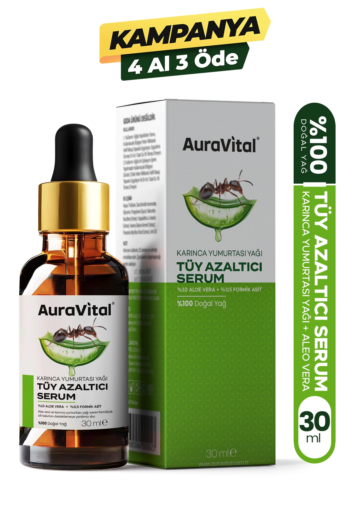 AuraVital Tüy Azaltıcı Serum Karınca Yumurtası Yağı ve Aloe Vera 30 Ml ...