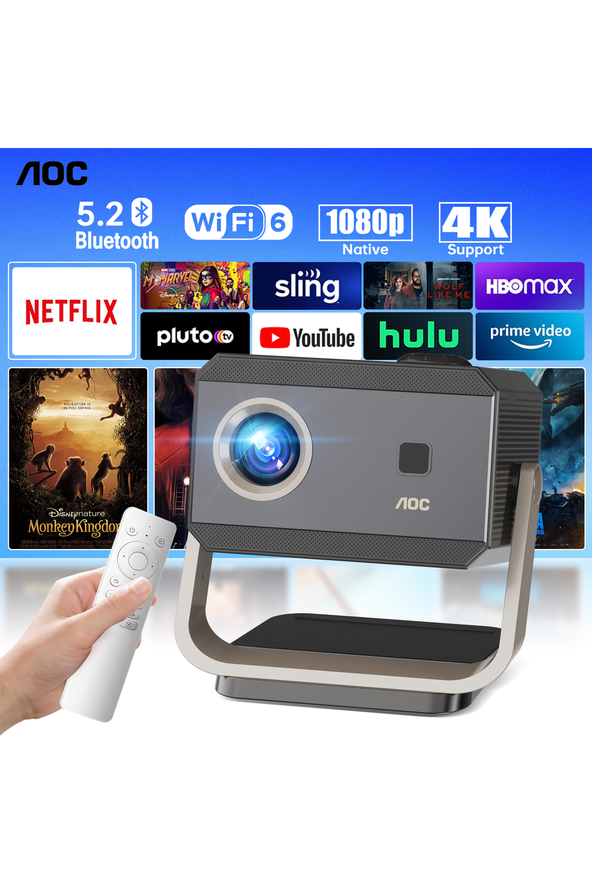 Aoc Portable Projector 1080p Native 4k Support Auto Focus Keystonewifi6 ...