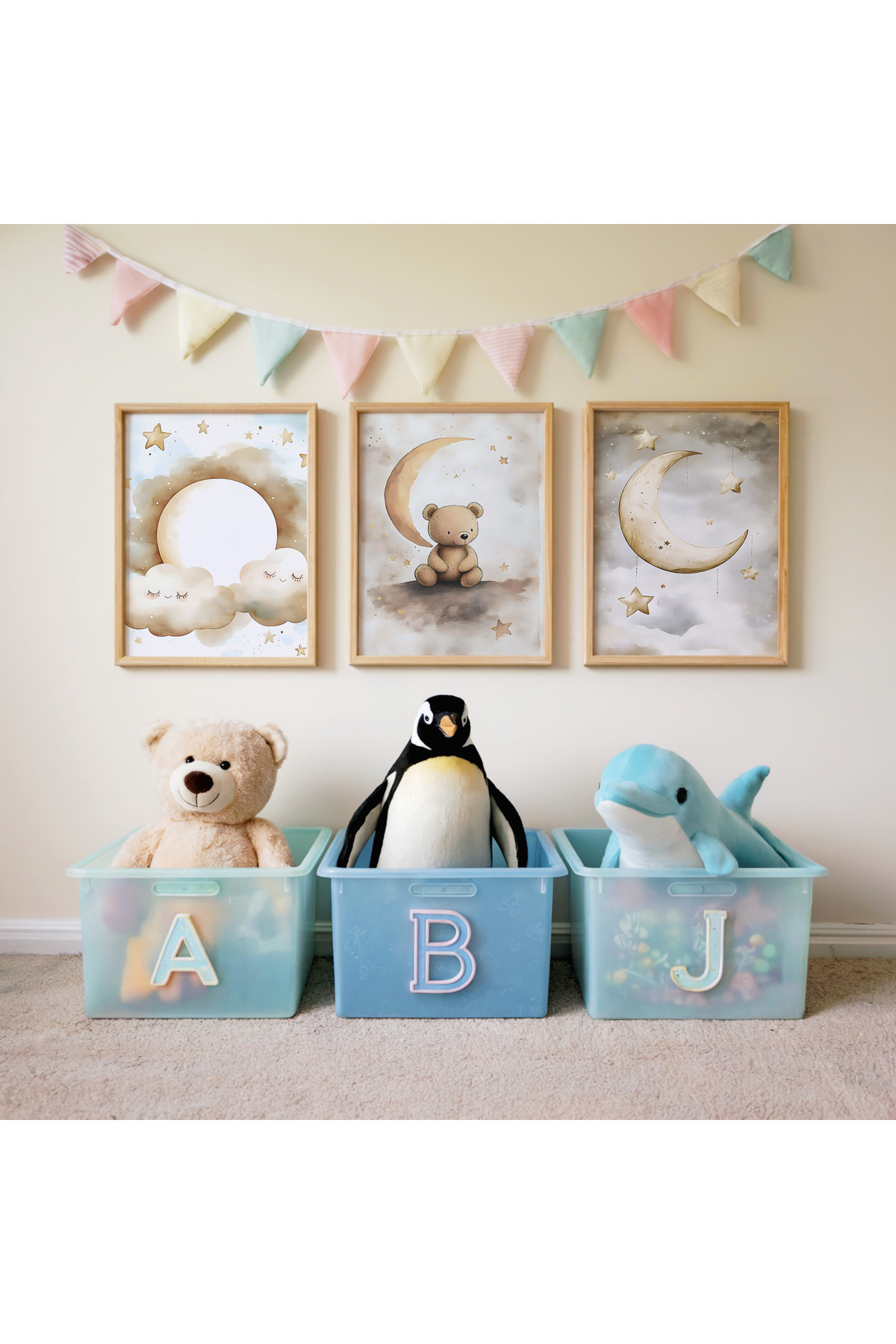 İkona Design Studio Çocuk Odası Gökyüzü Ayıcık Ahşap Çerçeveli 3'lü ...