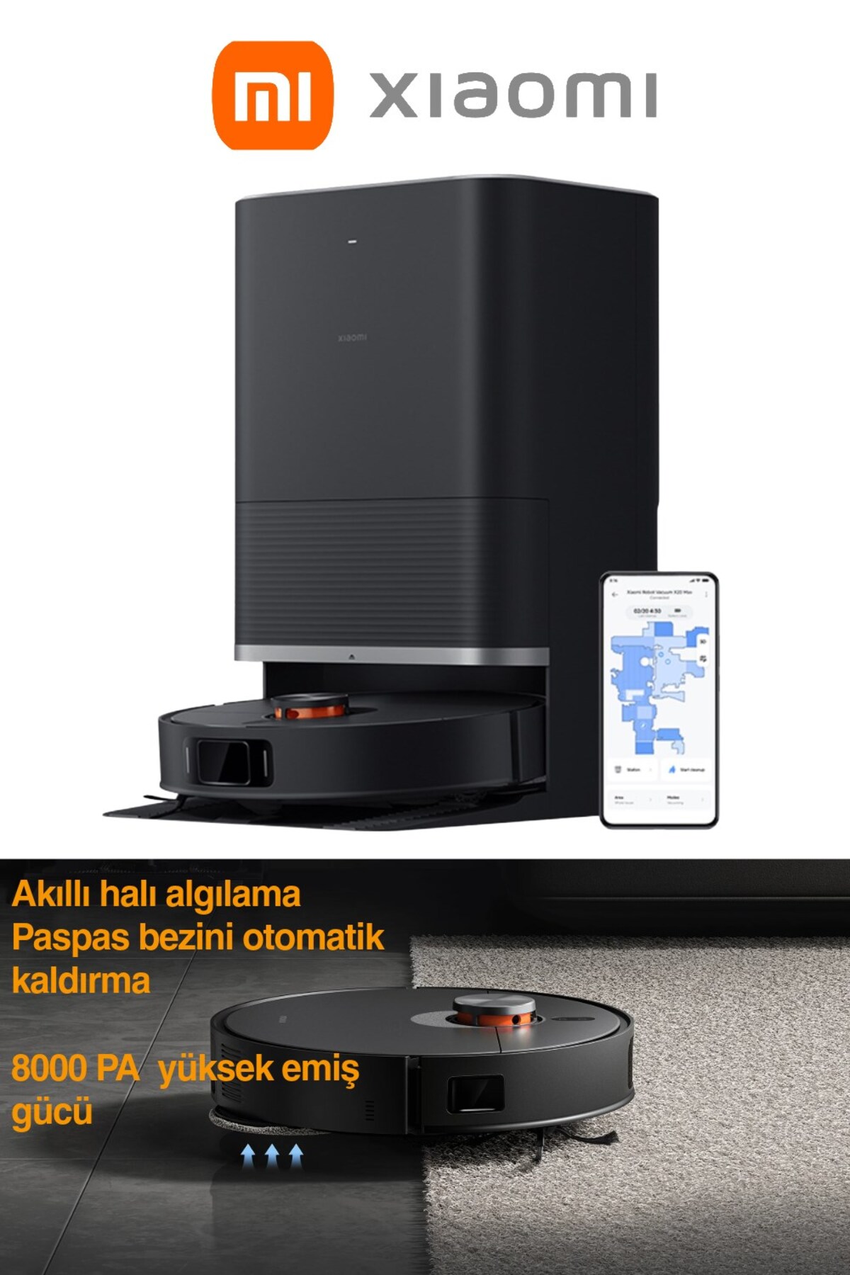 Xiaomi 8000 Pa güçlü emiş, akıllı harita ve mop ile tüy-kırıntı ...
