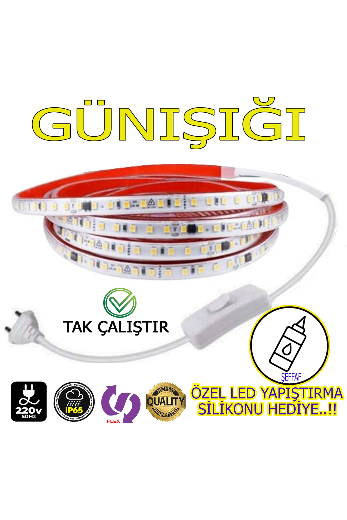 ELEKTROLED 220V Şerit LED YÜKSEK IŞIK FİŞLİ VE ANAHTARLI GÜNIŞIĞI 2 METRE ((ADAPTÖR TRAFO YOK ...