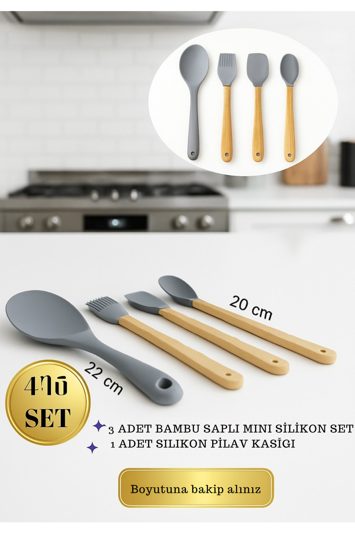 BRE HOME 4’lü gri Silikon Mutfak Seti – 3’lü Bambu Saplı Mini Silikon ...