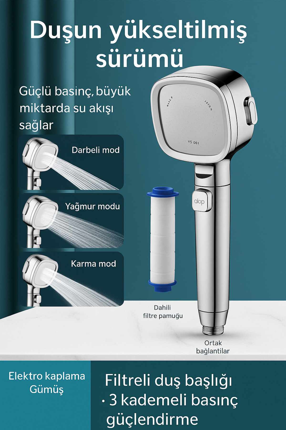 SUVİA Filtreli Duş Başlığı 3 Kademeli Basınç Güçlendirme – Stop Düğmeli ...