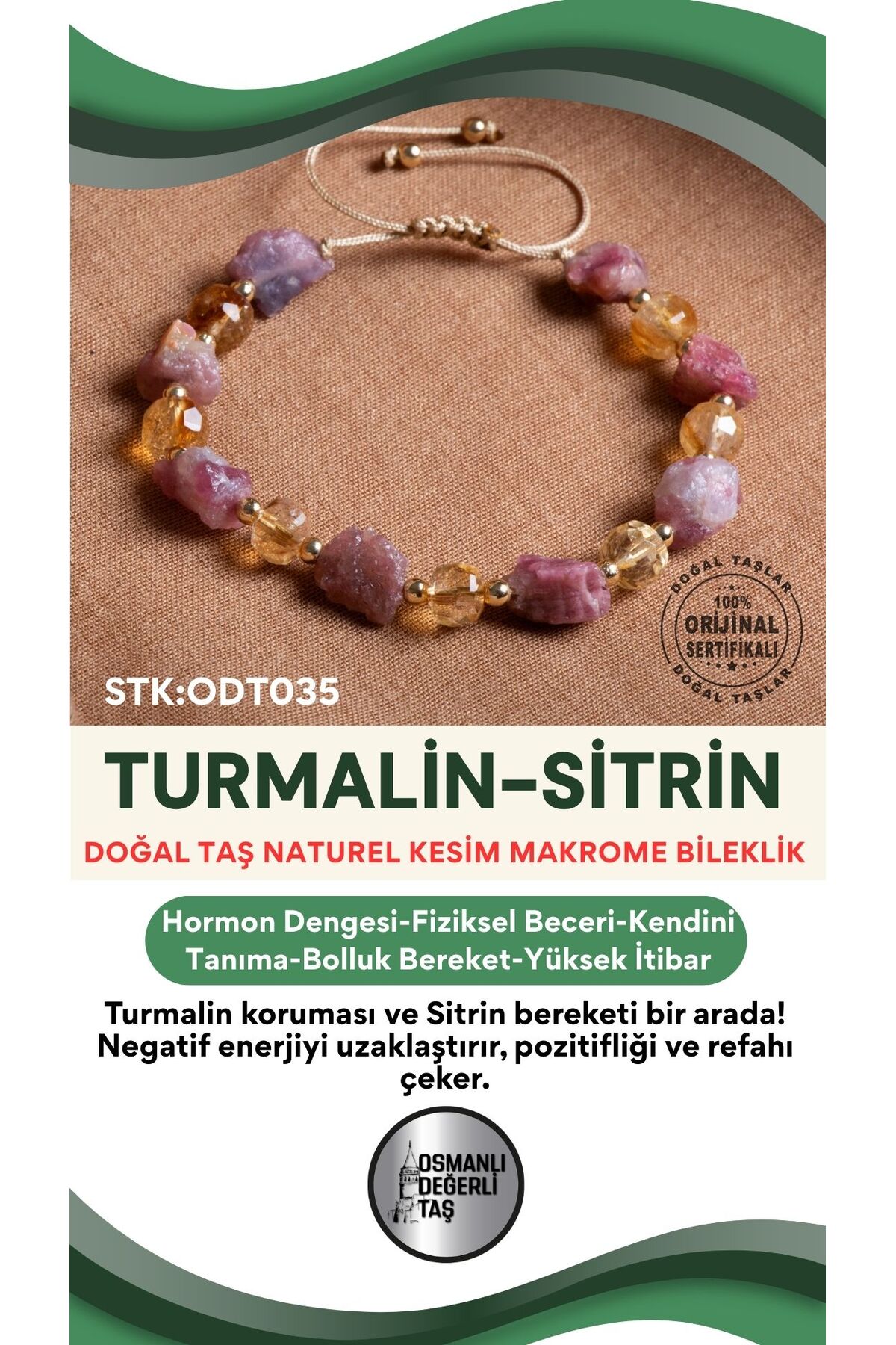 OSMANLI DEĞERLİ TAŞ Sertifikalı Turmalin-Sitrin Doğal Taş Makrome ...