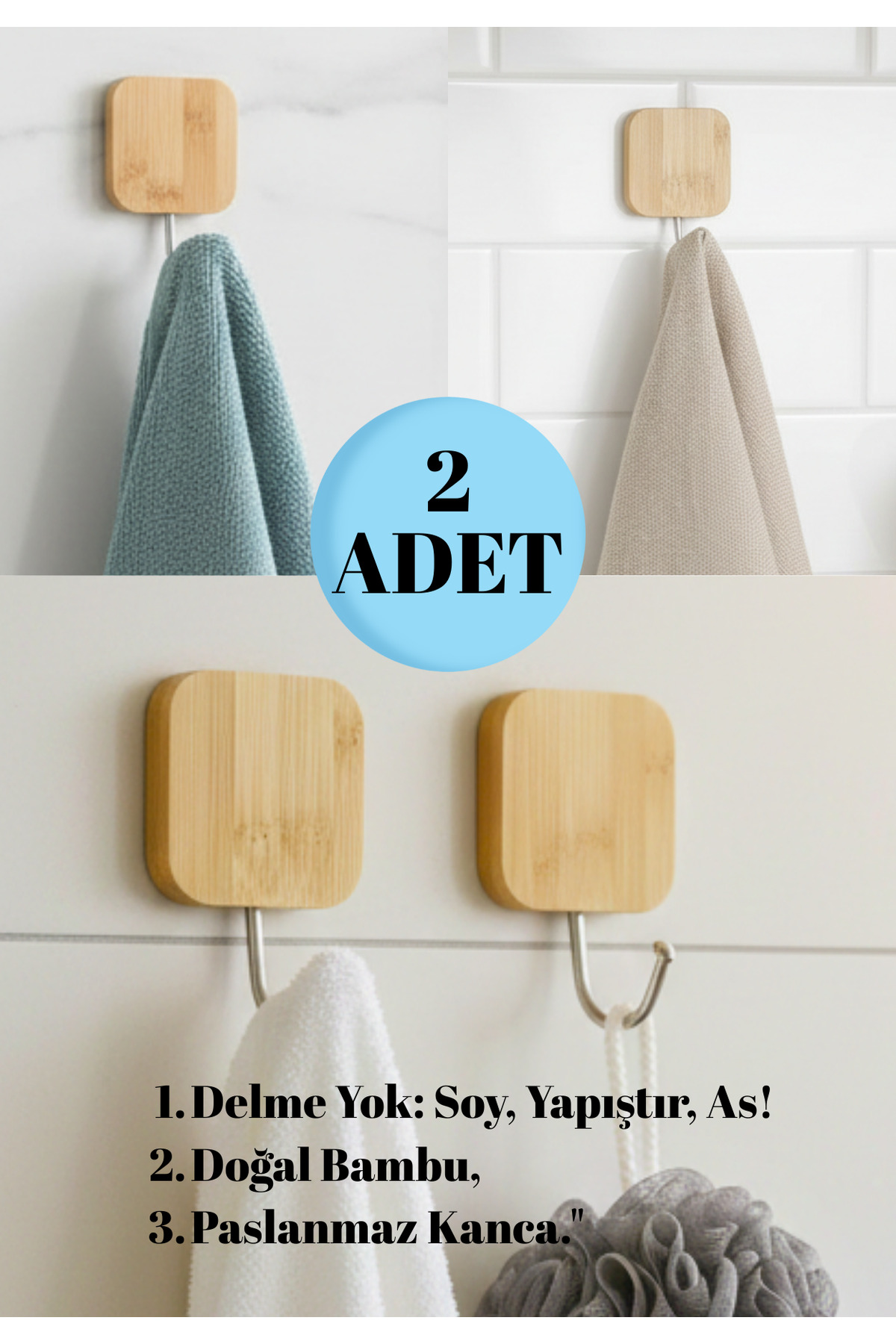 BRE HOME 2'li Delmeden Takılan Bambu Ahşap Yapışkanlı Havlu/Bornoz ...