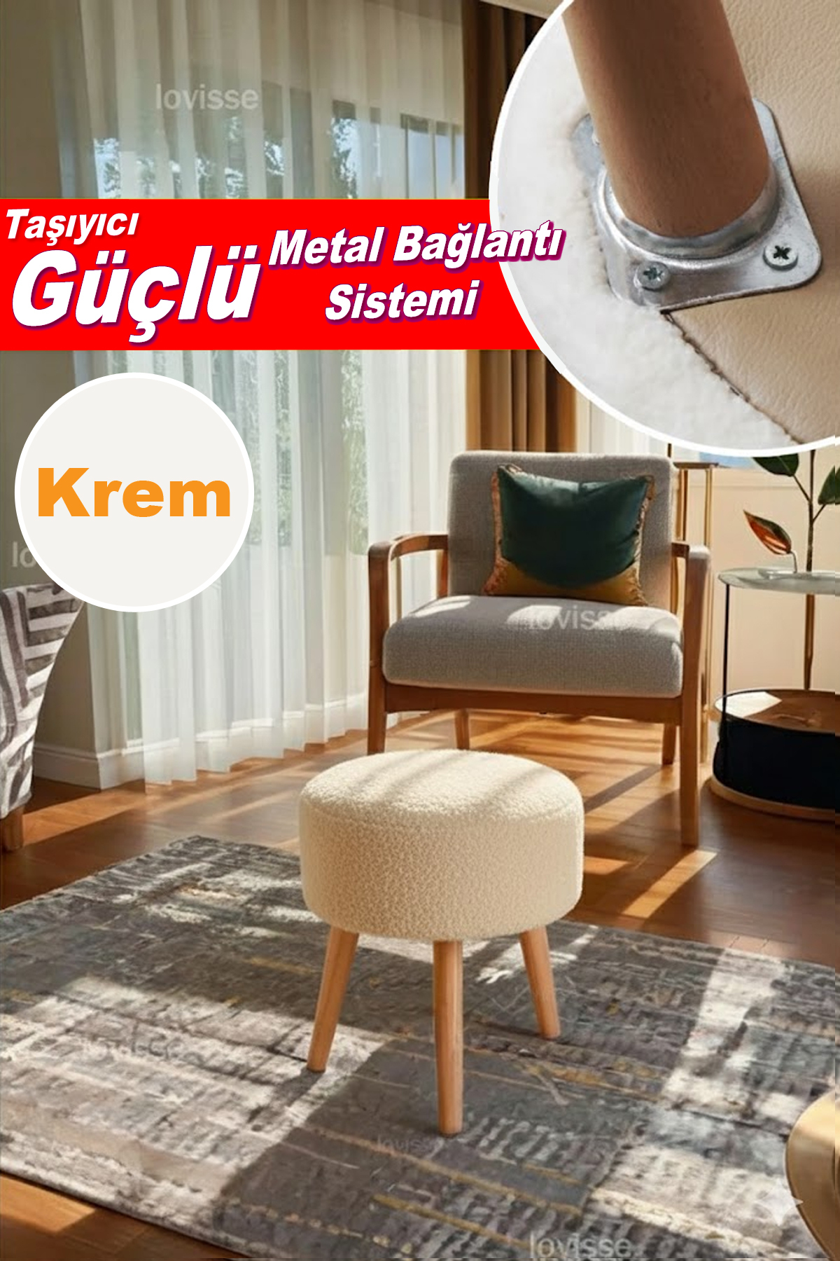 LOVİSSE HOME Coco Puf, Peluş 3 Ayak, Kırık Beyaz, Oturma Odası, Makyaj ...
