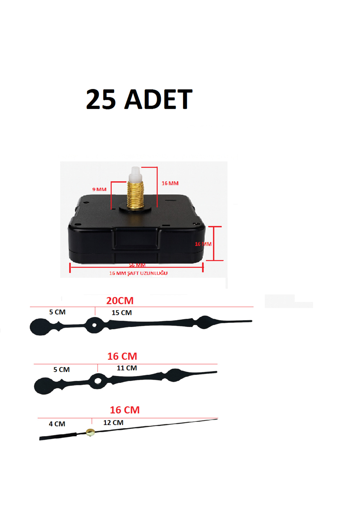 EXİZ TİCARET Toptan Saat Mekanizması,25 Adet 16 Mm Şaft ASKISIZ(metal ...