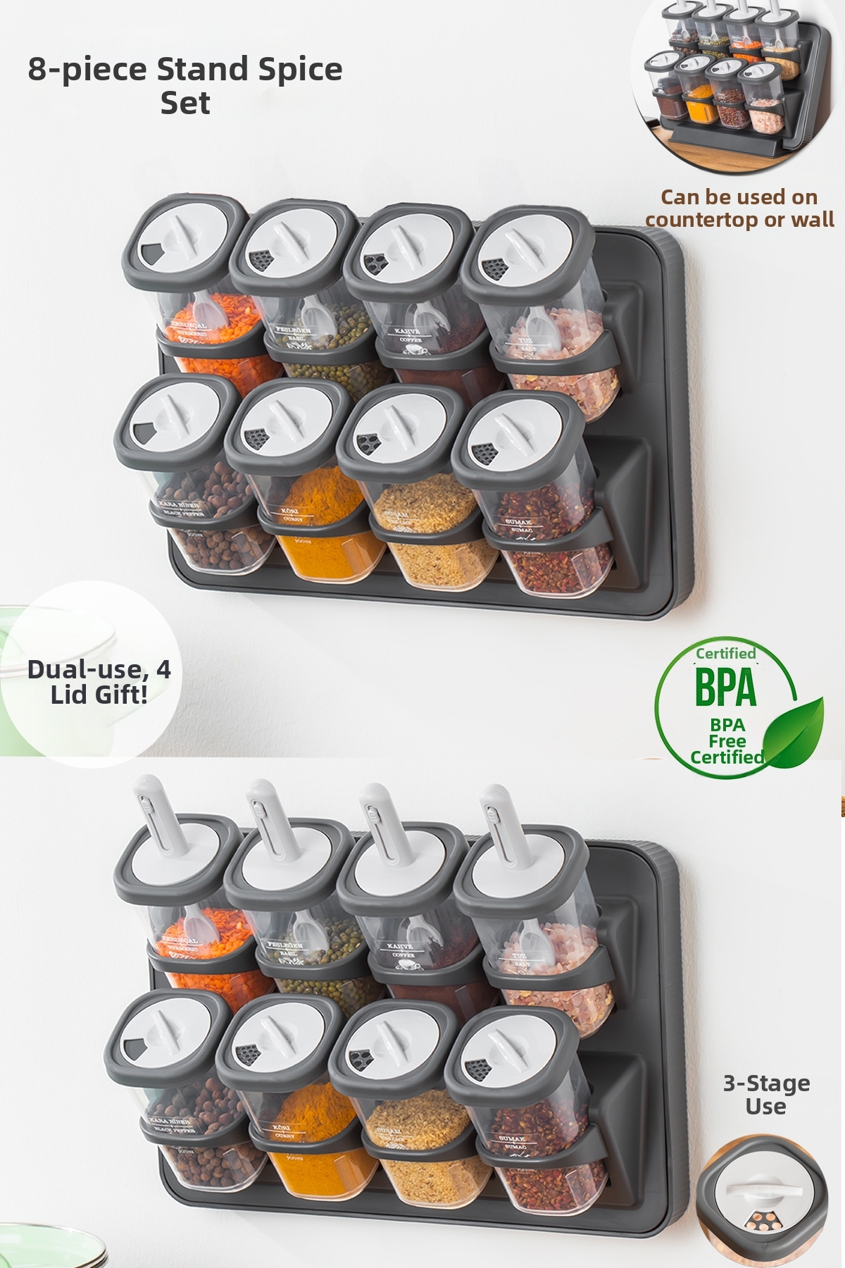 Porsima 1117 8-Piece Labeled Hanging Self-Adhesive Countertop Stand ...